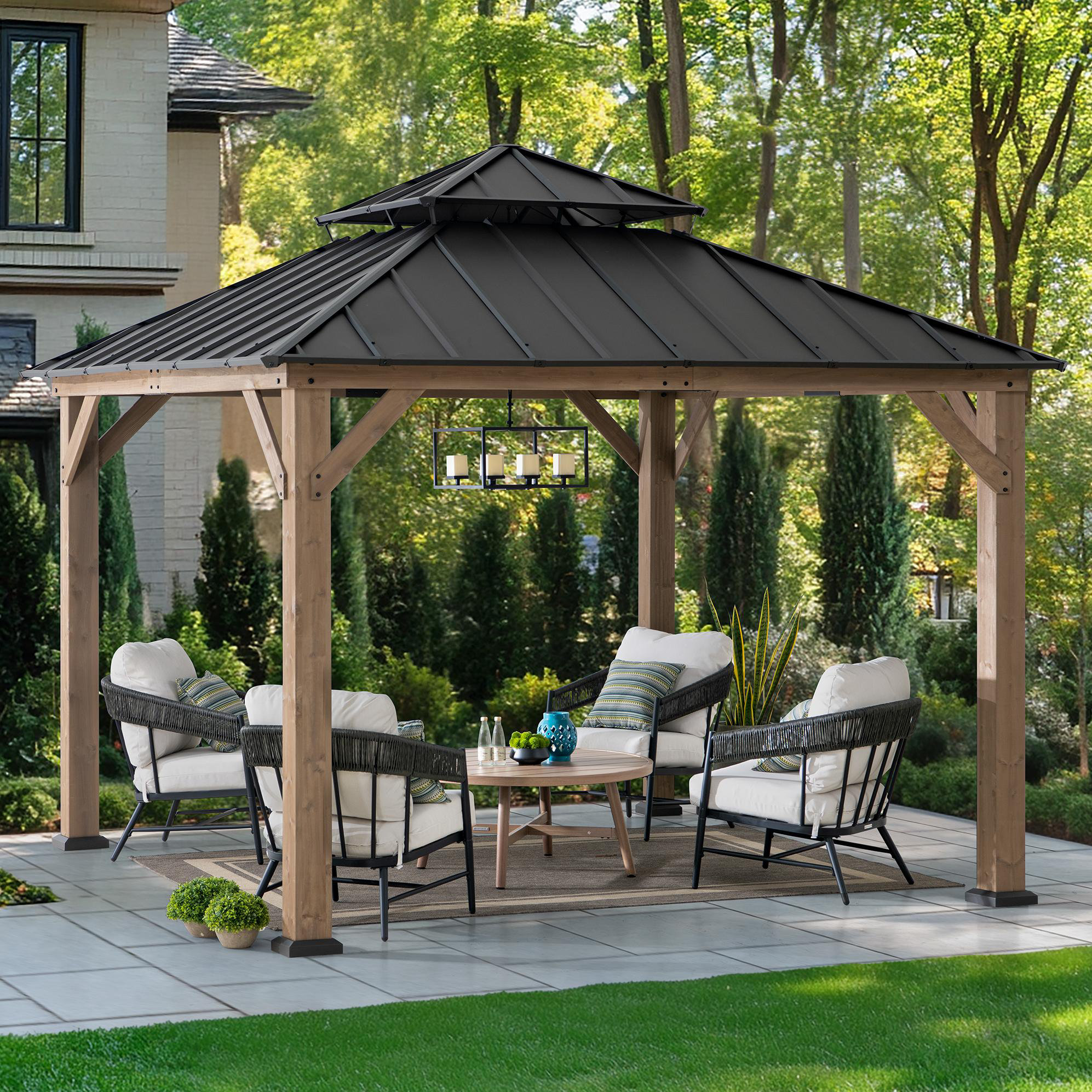 Sunjoy Pavillon de jardin à toit rigide en bois brun à 2 niveaux avec ...