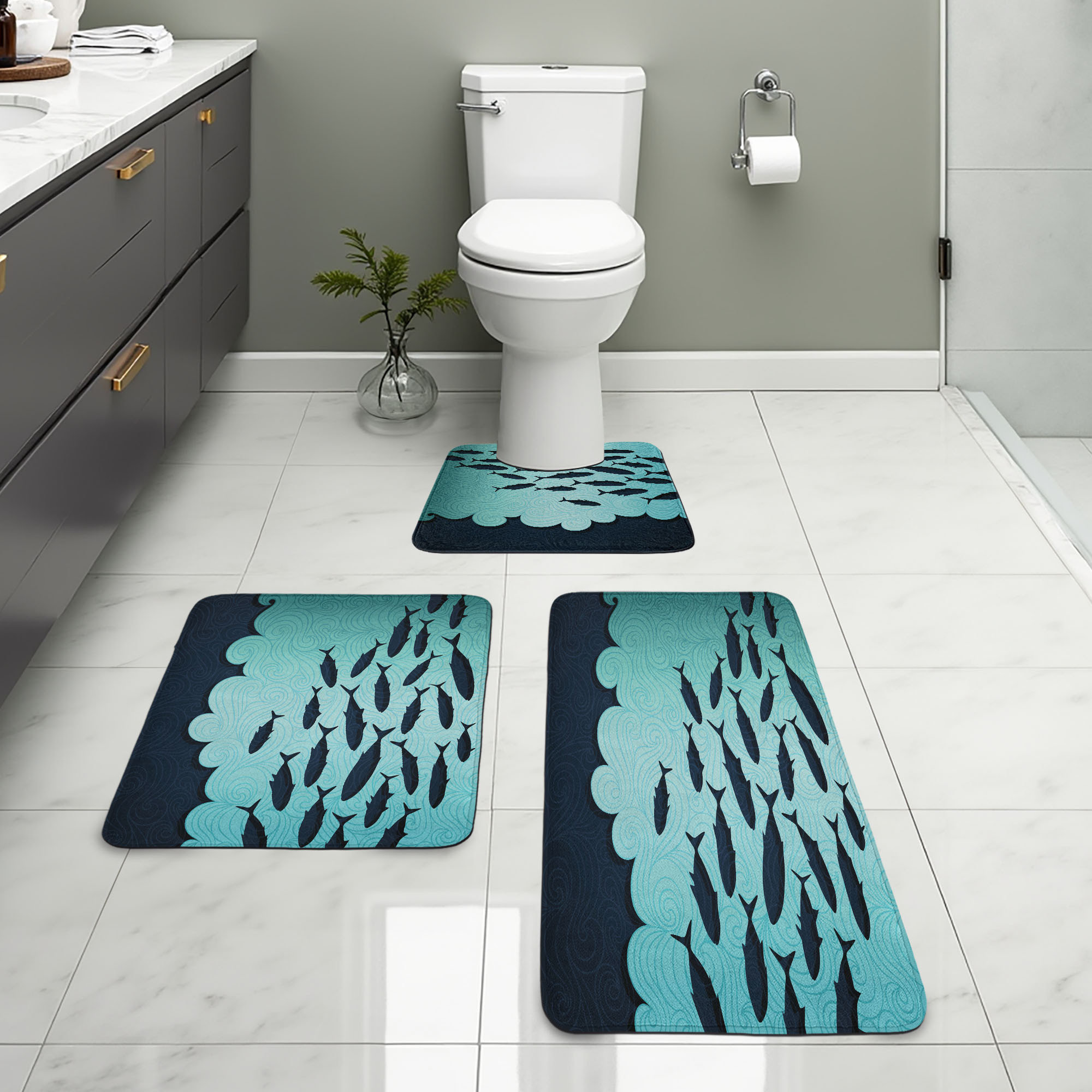 East Urban Home Fish Bathroom Rug Set 3 Pieces U-Shape & Rectangle Mats ...