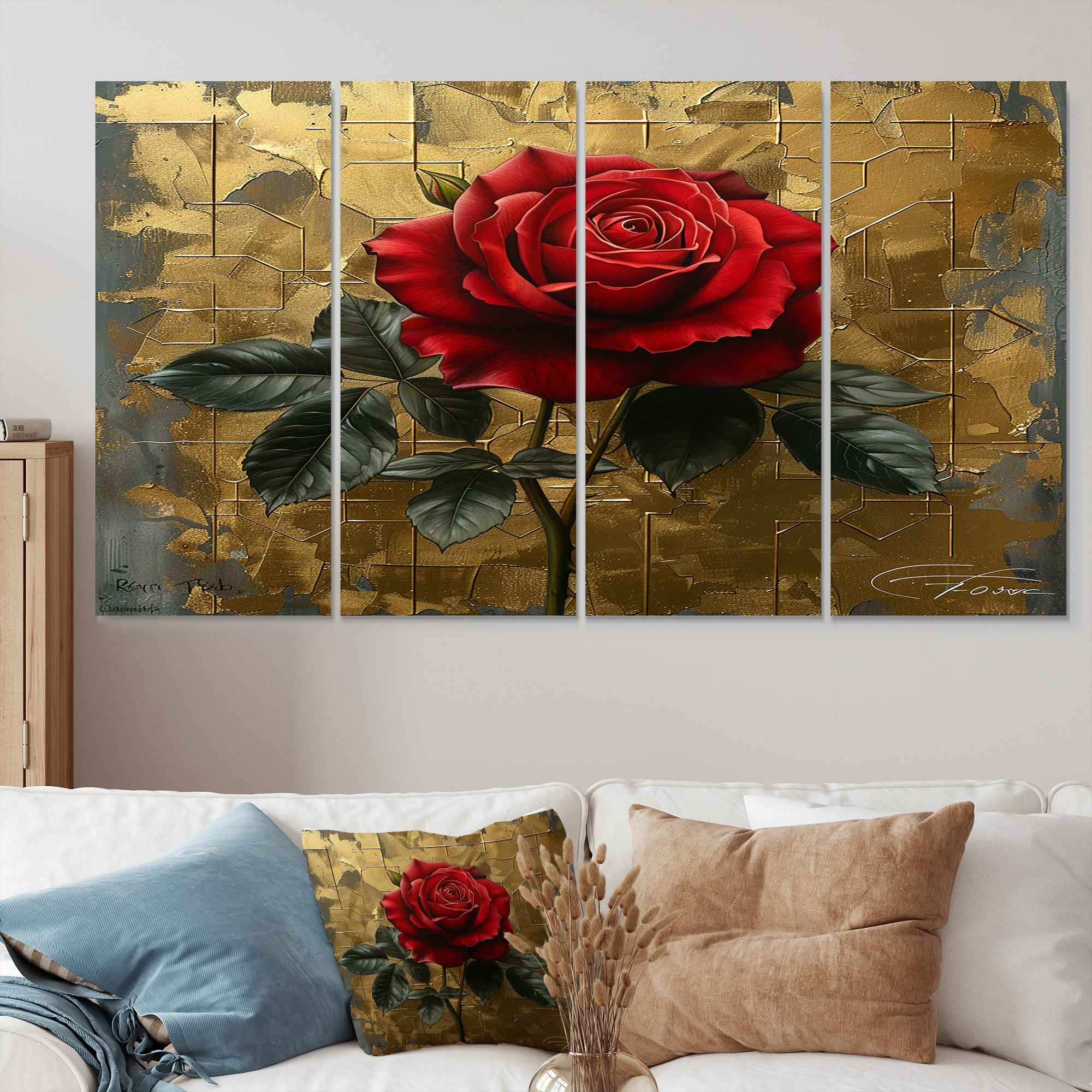 Design Art Red Rose Geometric Vintage Gold I - Rose Wall Art Decor 4 ...