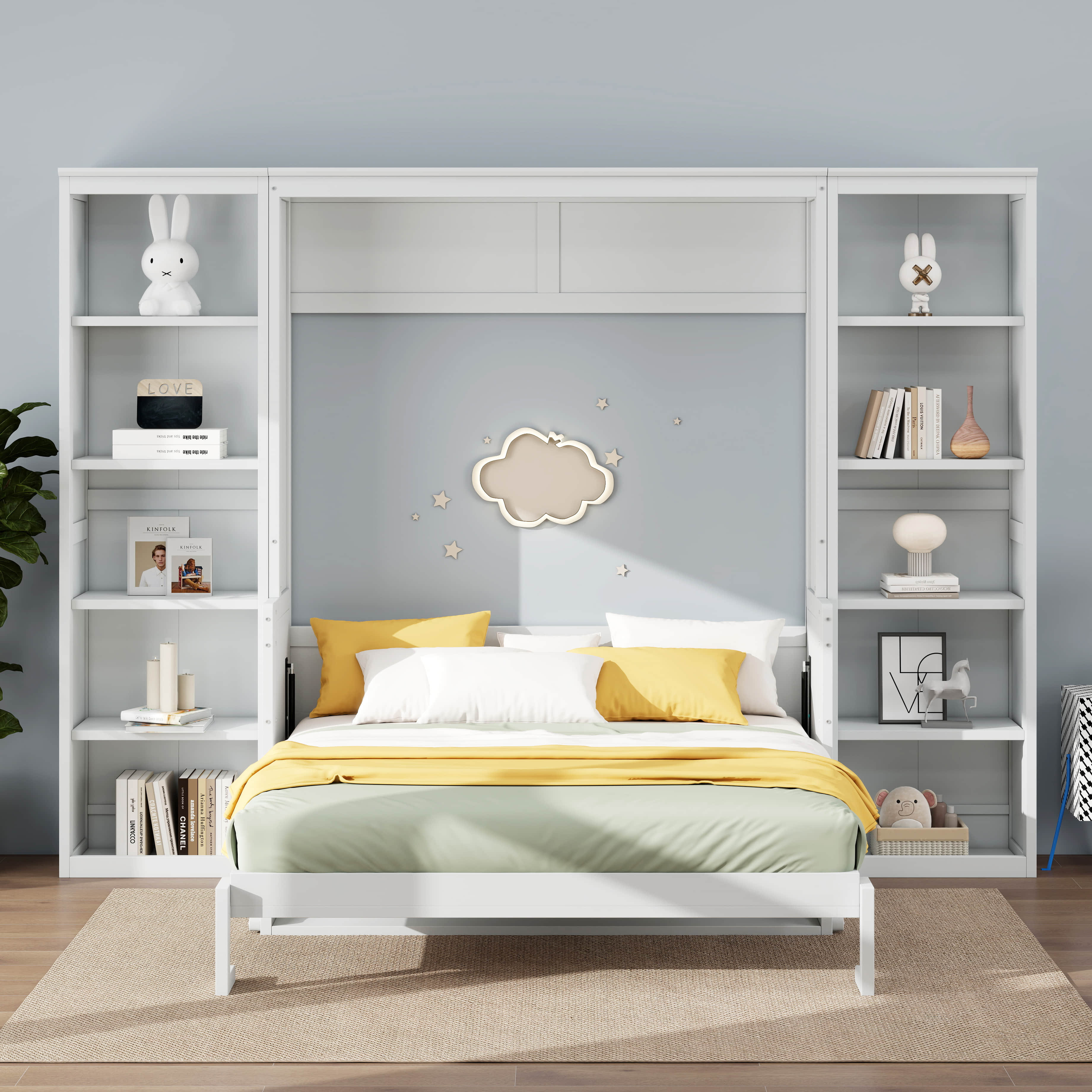 Red Barrel Studio Queen Size Wood Murphy Bed With Desk, Modern Mobile Wall Bed With Bookshelf ...