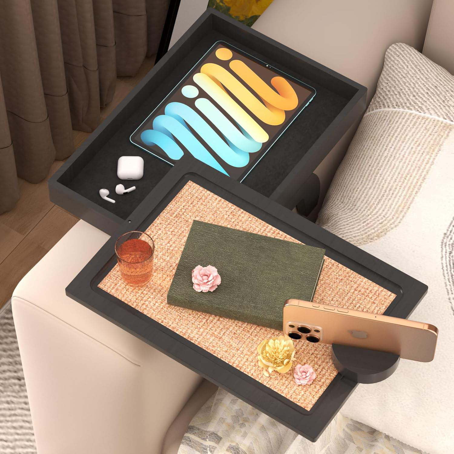 Gracie Oaks Bamboo Couch Arm Tray With Adjustable Tabletop,Foldable ...