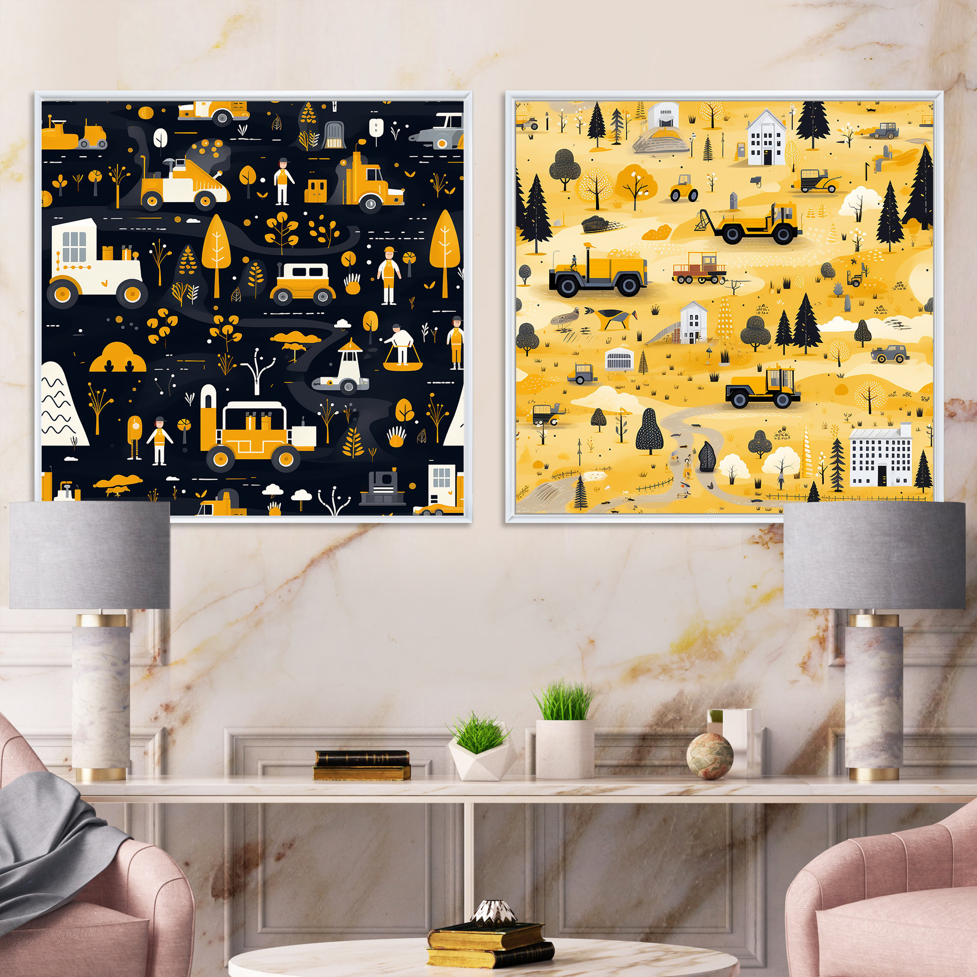 Harriet Bee Yellow Busy Construction Zone For Boys Bedroom - Vehicles ...