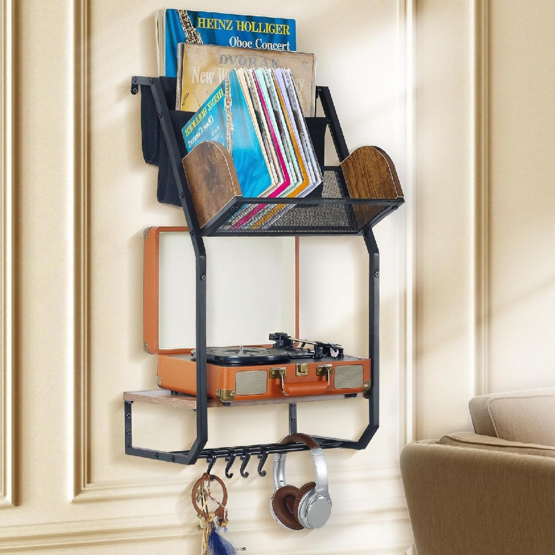 17 Stories Wall Mounted Record Player Stands With Vinyl Storage For ...