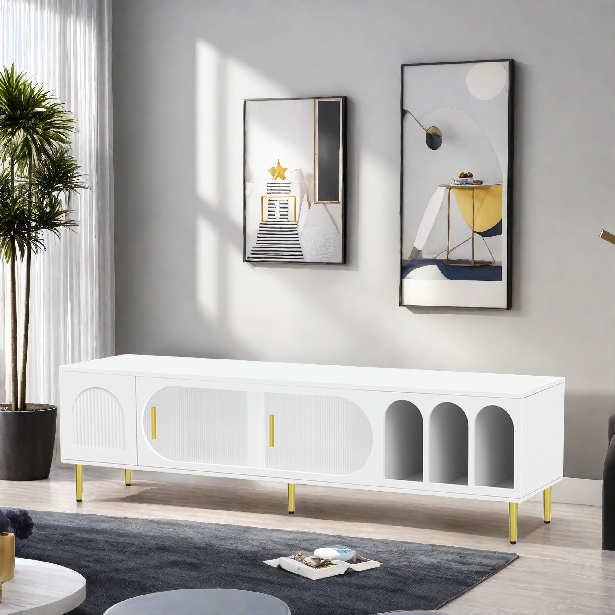 Mercer41 Tv Stand For Tvs Up To 70" With 2 Cabinets, 3 Arch Shelves ...