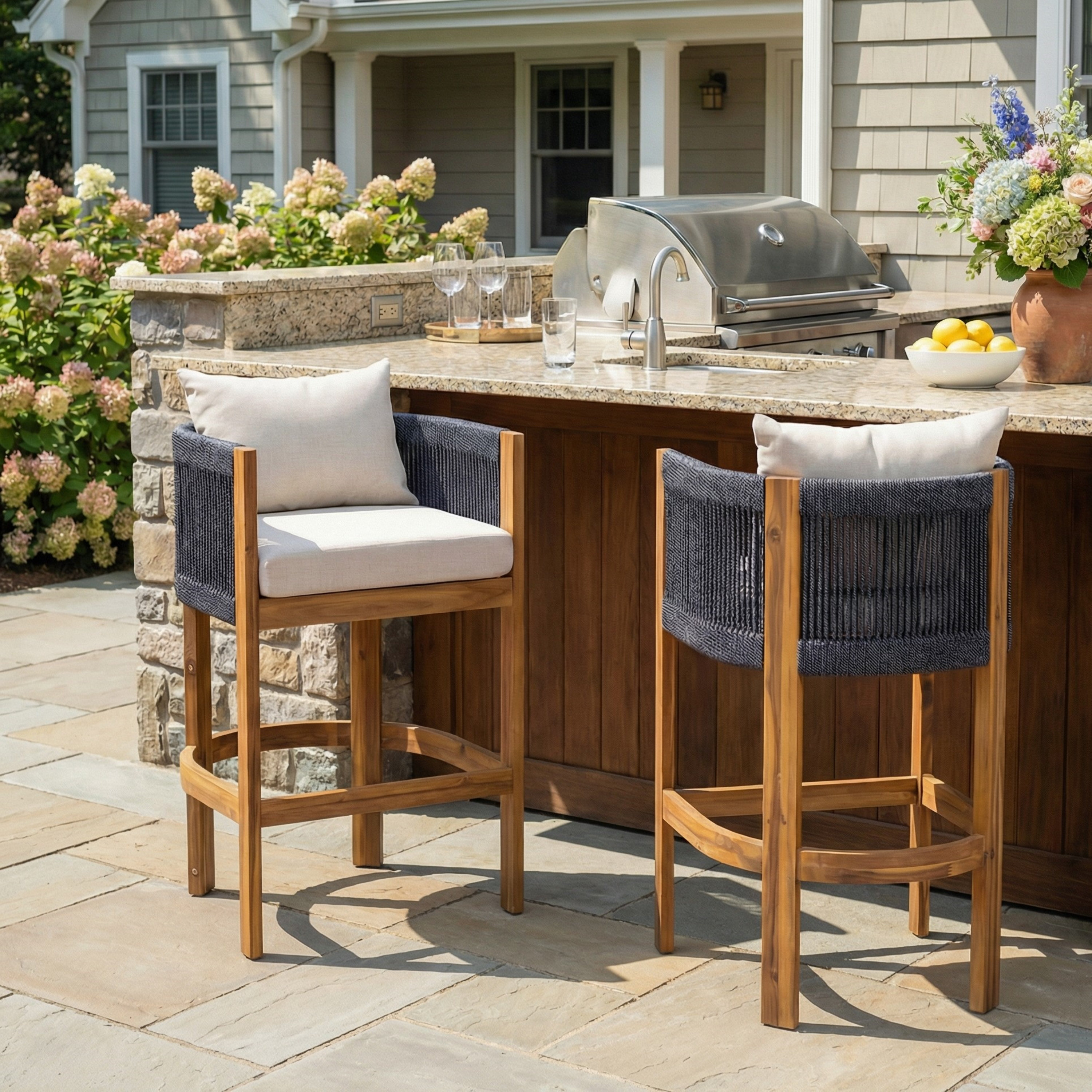 NFusion Saul Patio Seat Height Acacia Wood Bar Stools With Rope Back ...