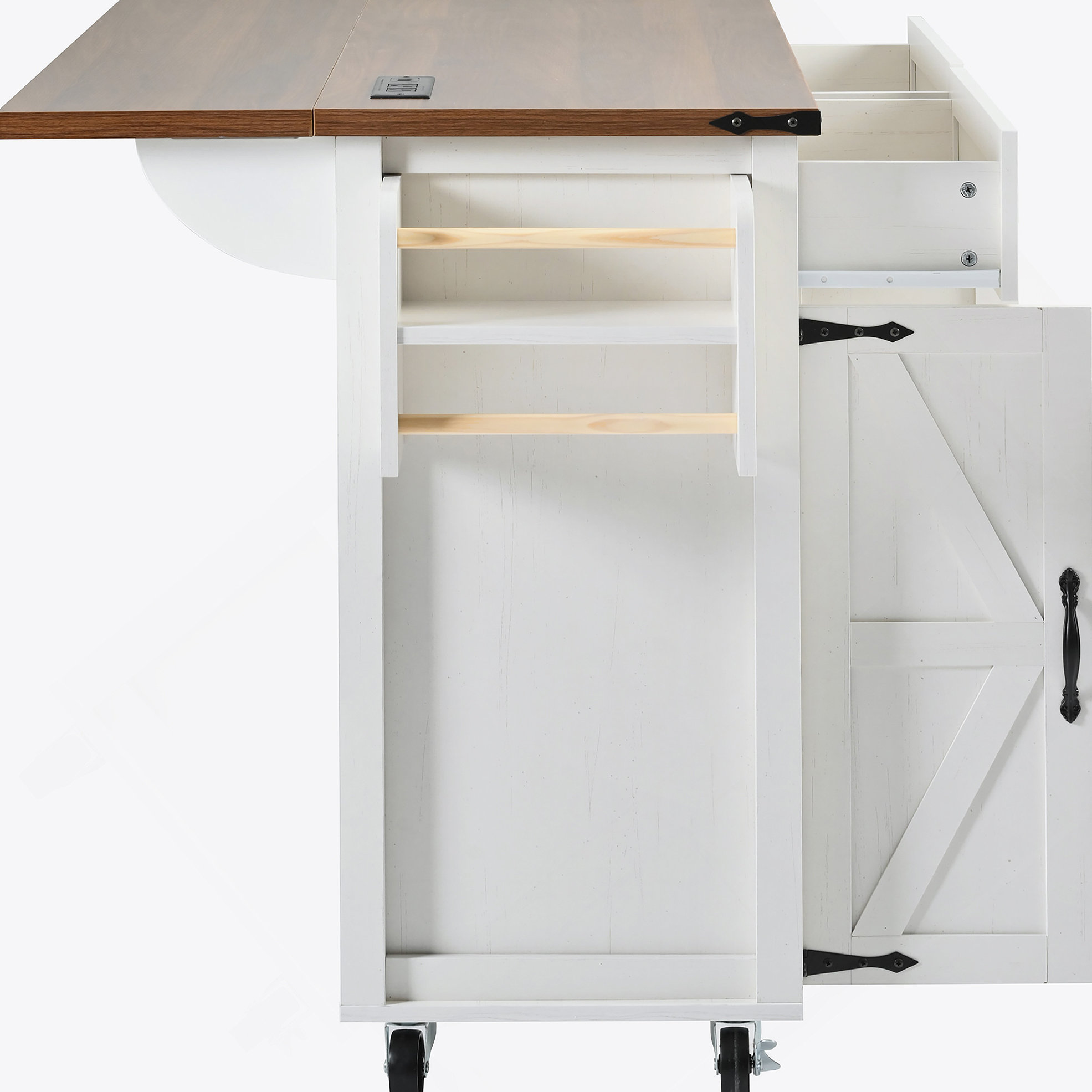 Ophelia & Co. 53.5'' Farmhouse Kitchen Island with Power Outlet, Drop Leaf, and Ample Storage ...