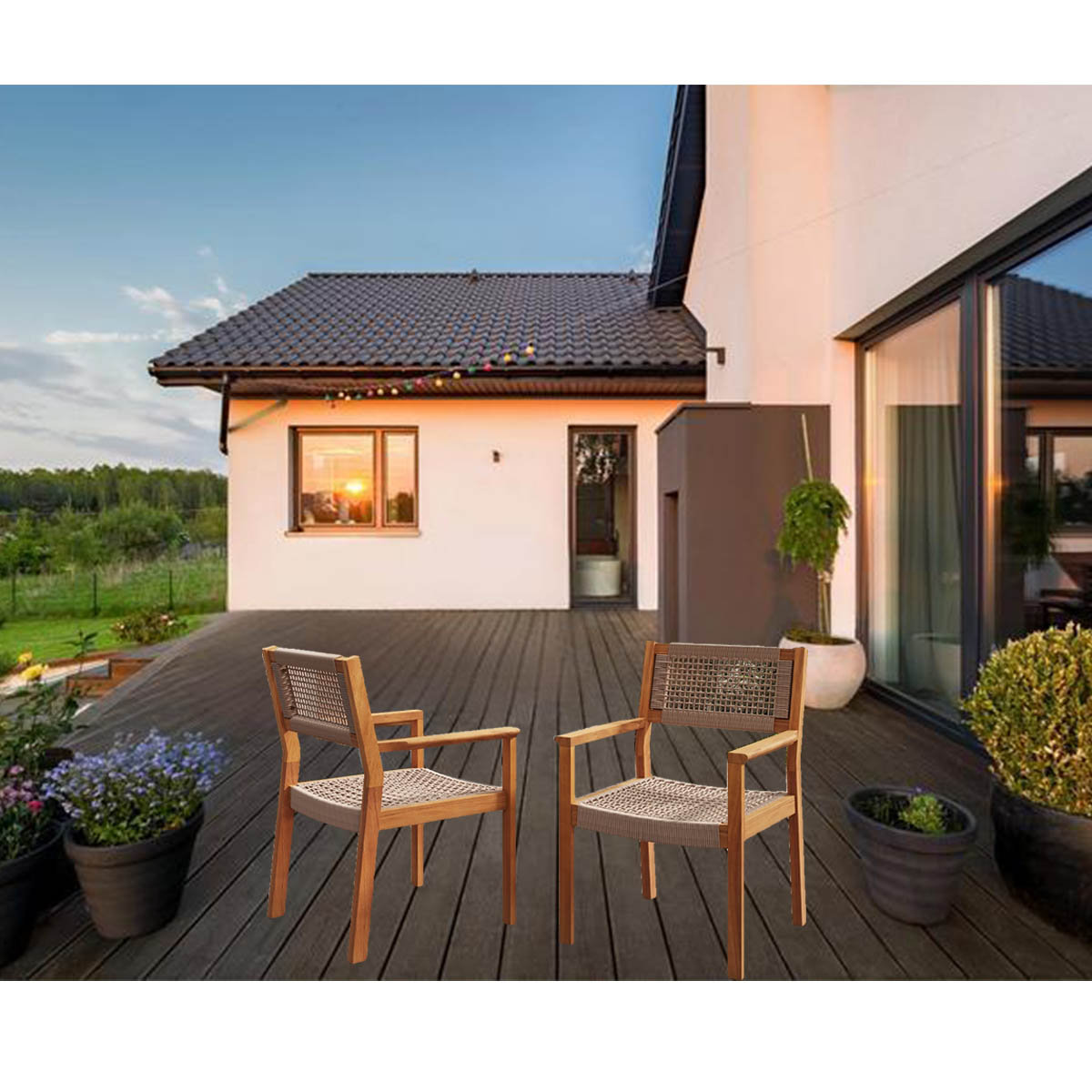 Bayou Breeze Cimora Rope Woven Acacia Wood Dining Chairs | Wayfair