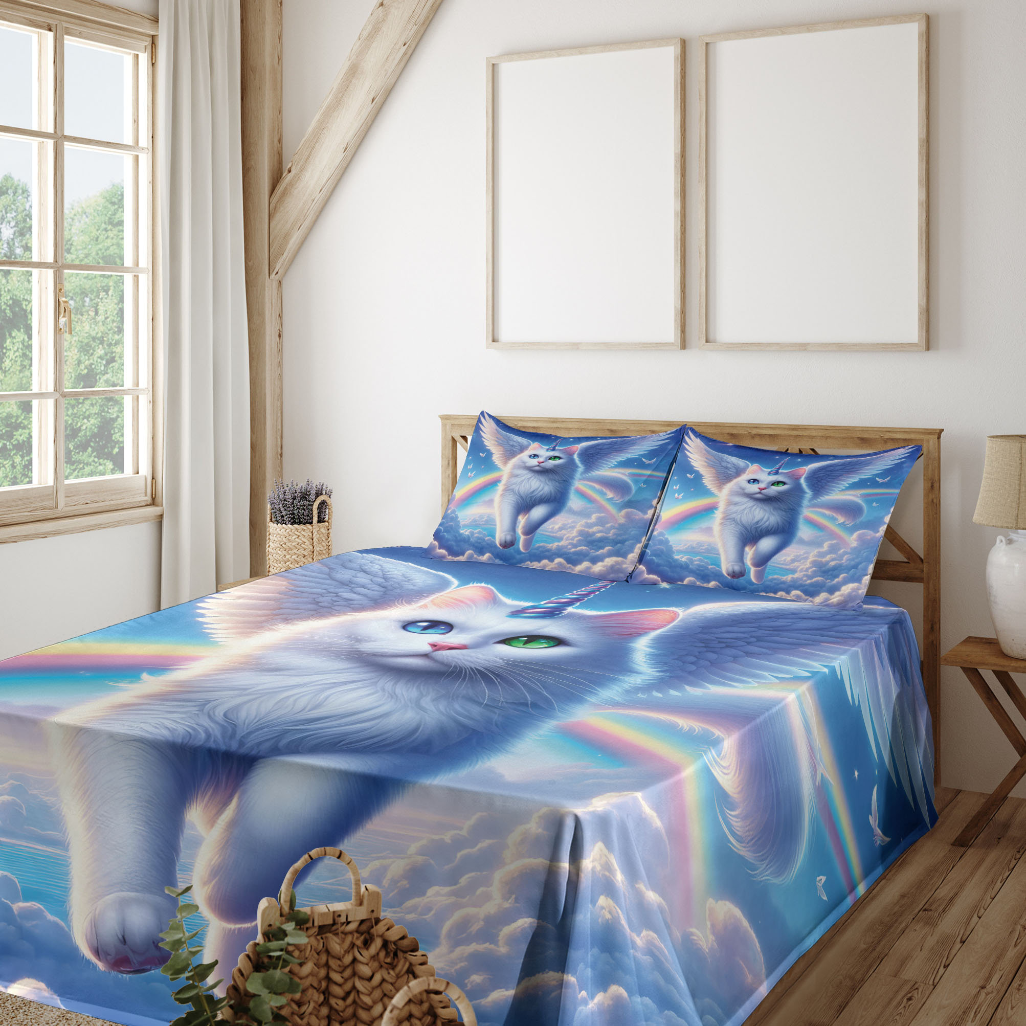 Ambesonne Cat Sheet Set Pegasus Kitty Flies Clouds Sky Azure Blue Pale ...