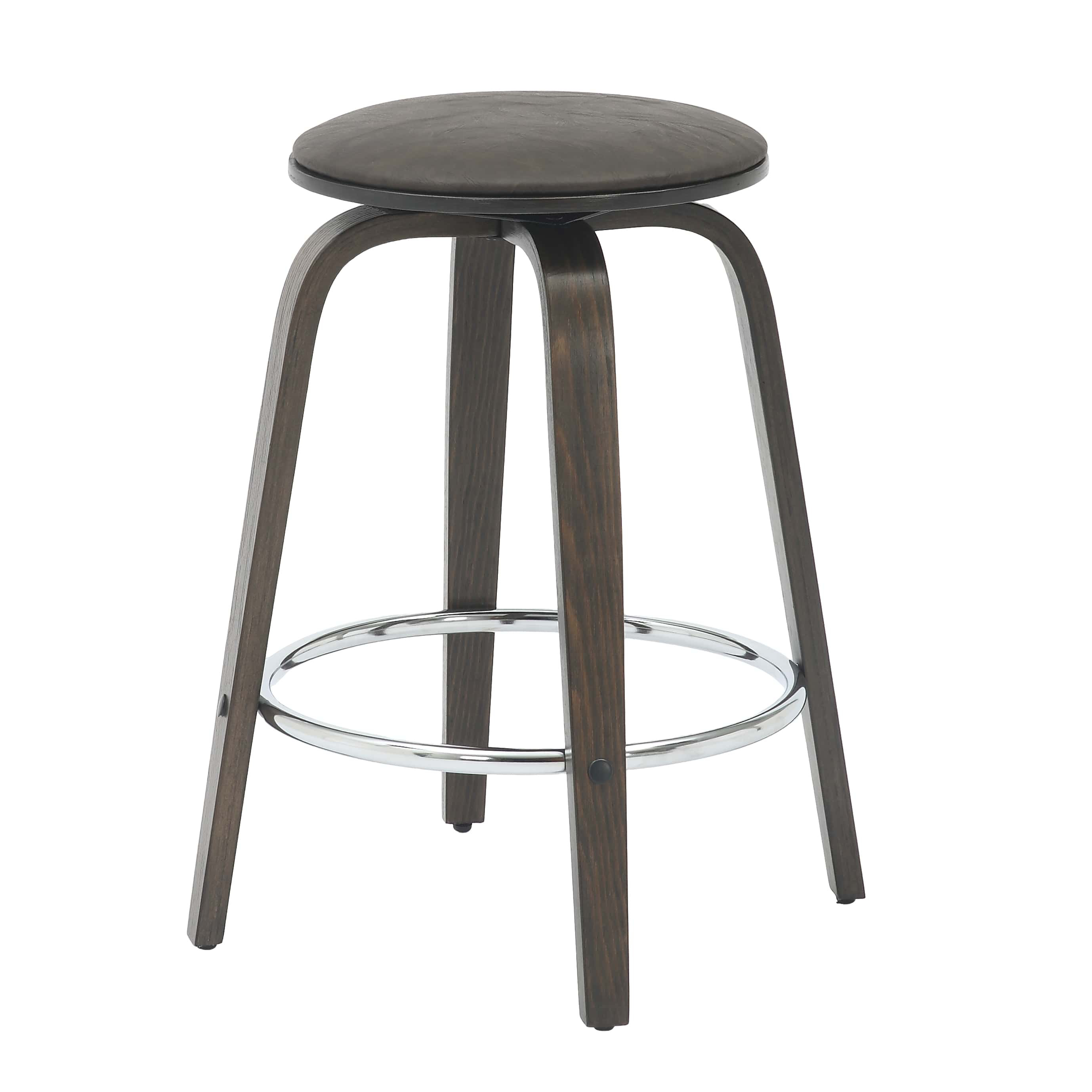 LeisureMod Leather Round Counter Stool With Stained Poplar Wood Frame ...