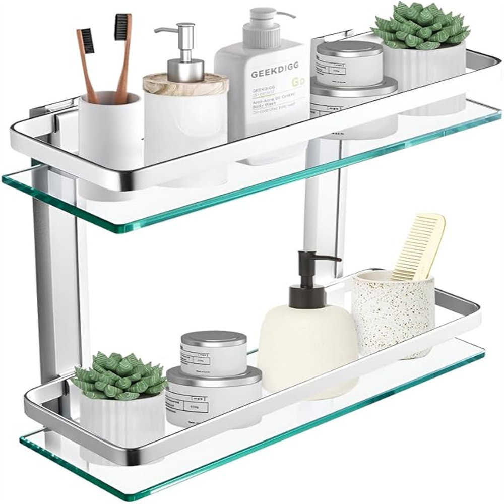 Wrought Studio 2-Tier Bathroom Glass Shelves, Wall Mounted Tempered ...