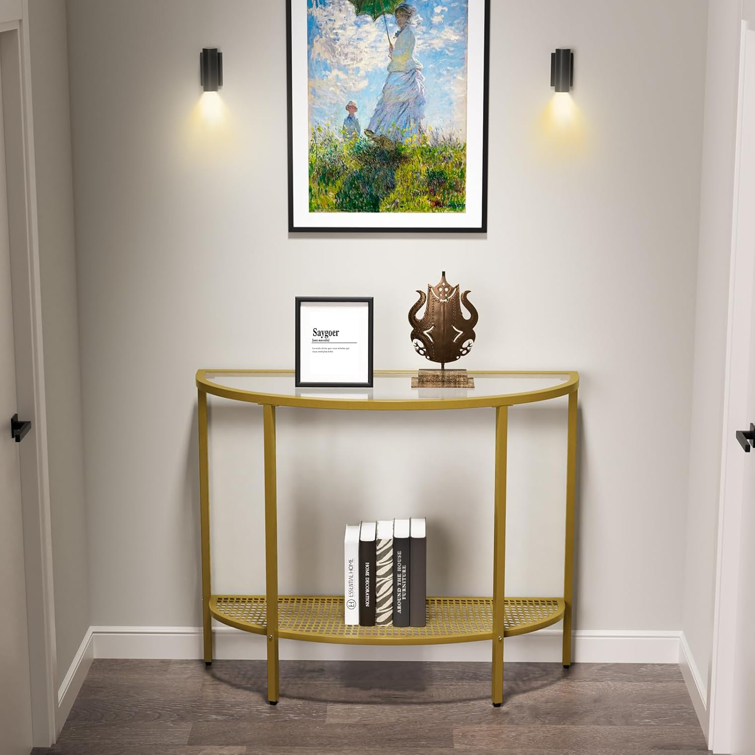 Mercer41 Glass Half Moon Console Table 2 Tier Narrow Entryway Table ...