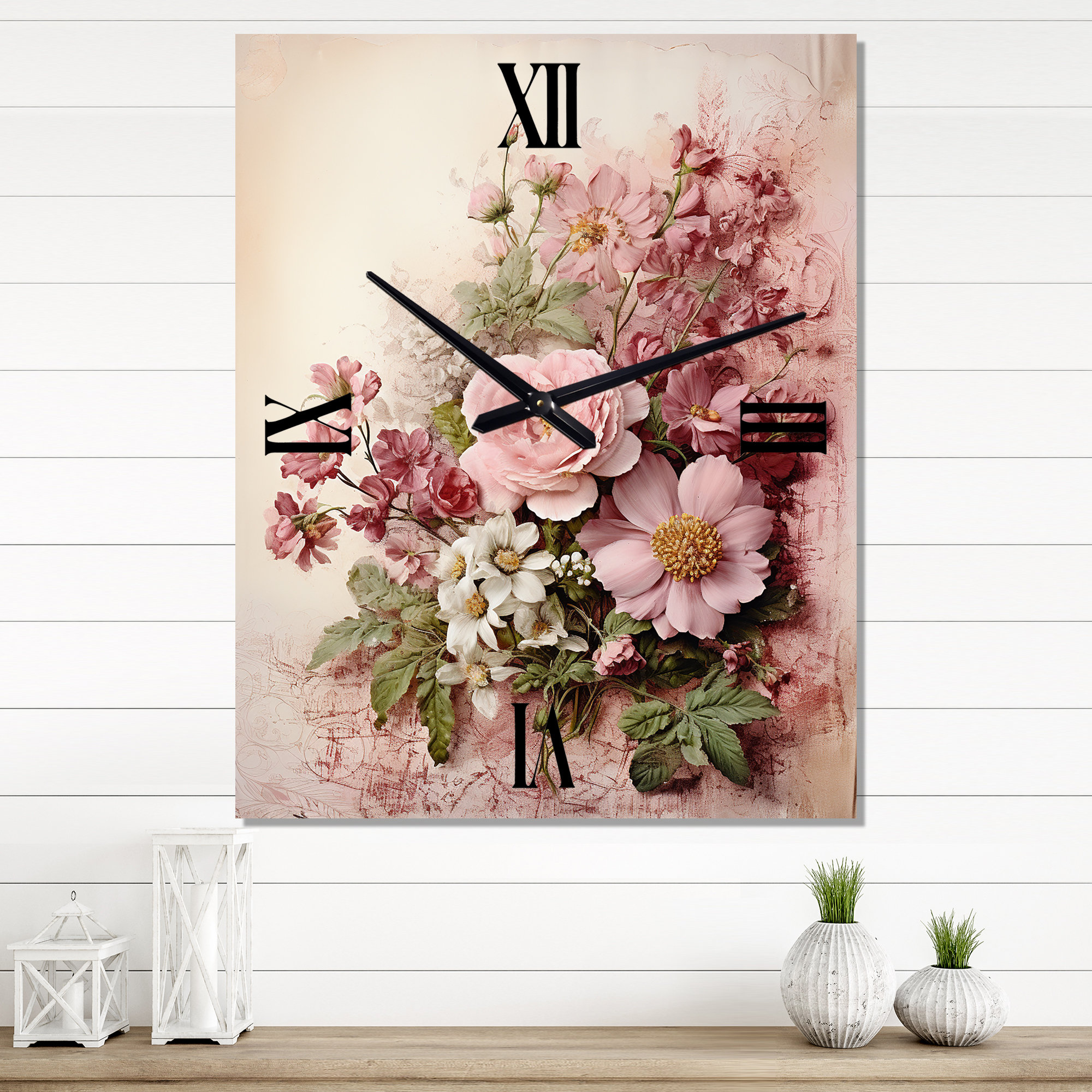 Design Art Blossoming Pink Rose Rustic Bouquet - Rose Wall Clock ...