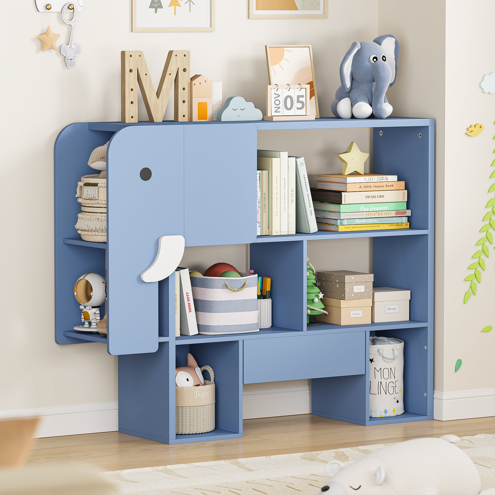 Indigo Safari 41.73"W Kids Elephant Cube Bookcase Toy Storage ...