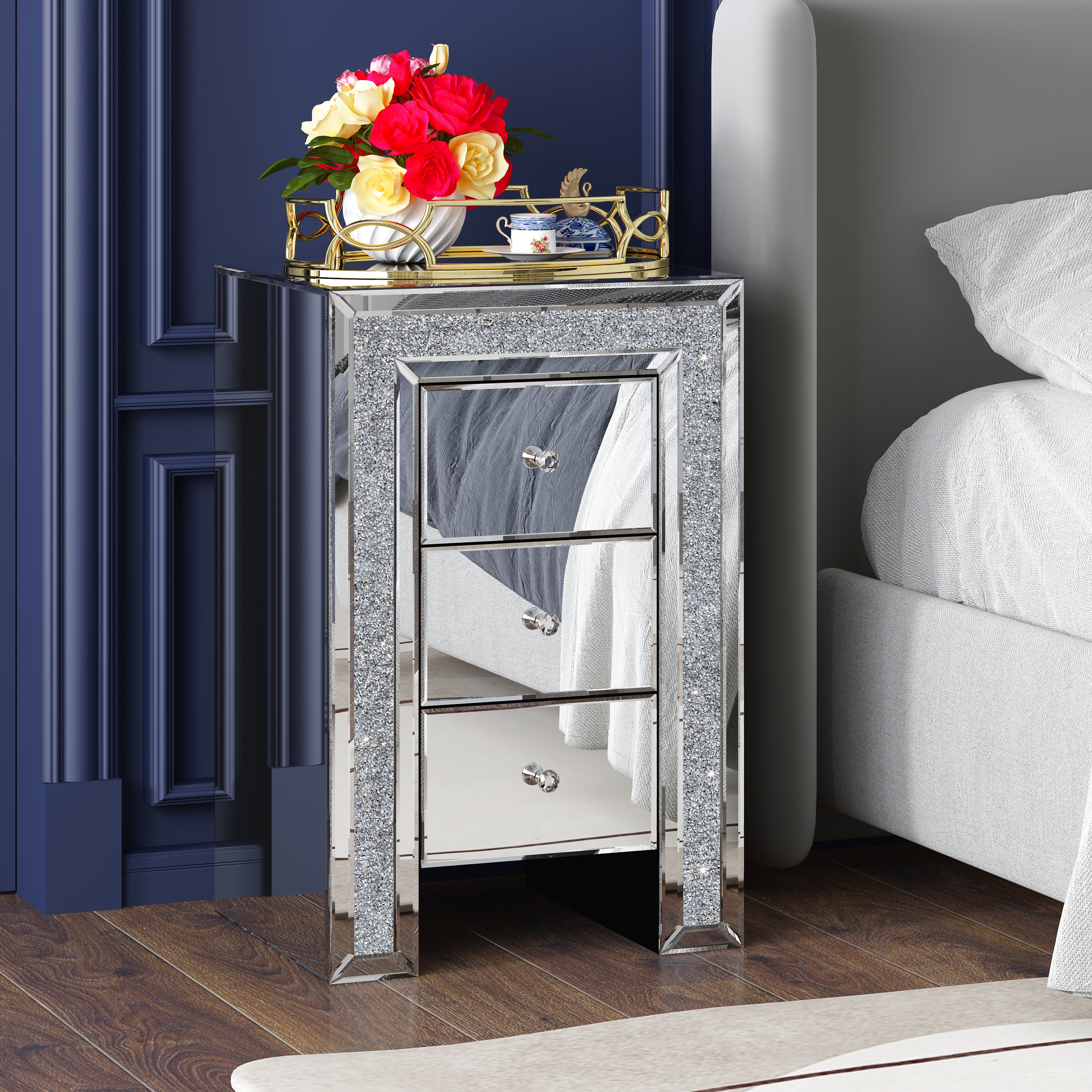 Etta Avenue™ Toby 27" H Mirrored Glass Nightstand with 3 Storage Drawer ...