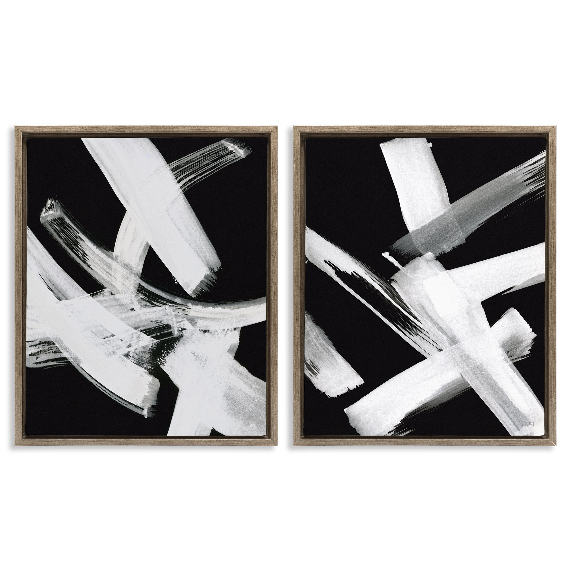 Ivy Bronx Abstract Lines White on Black 2 PC Framed Floater Canvas Set ...