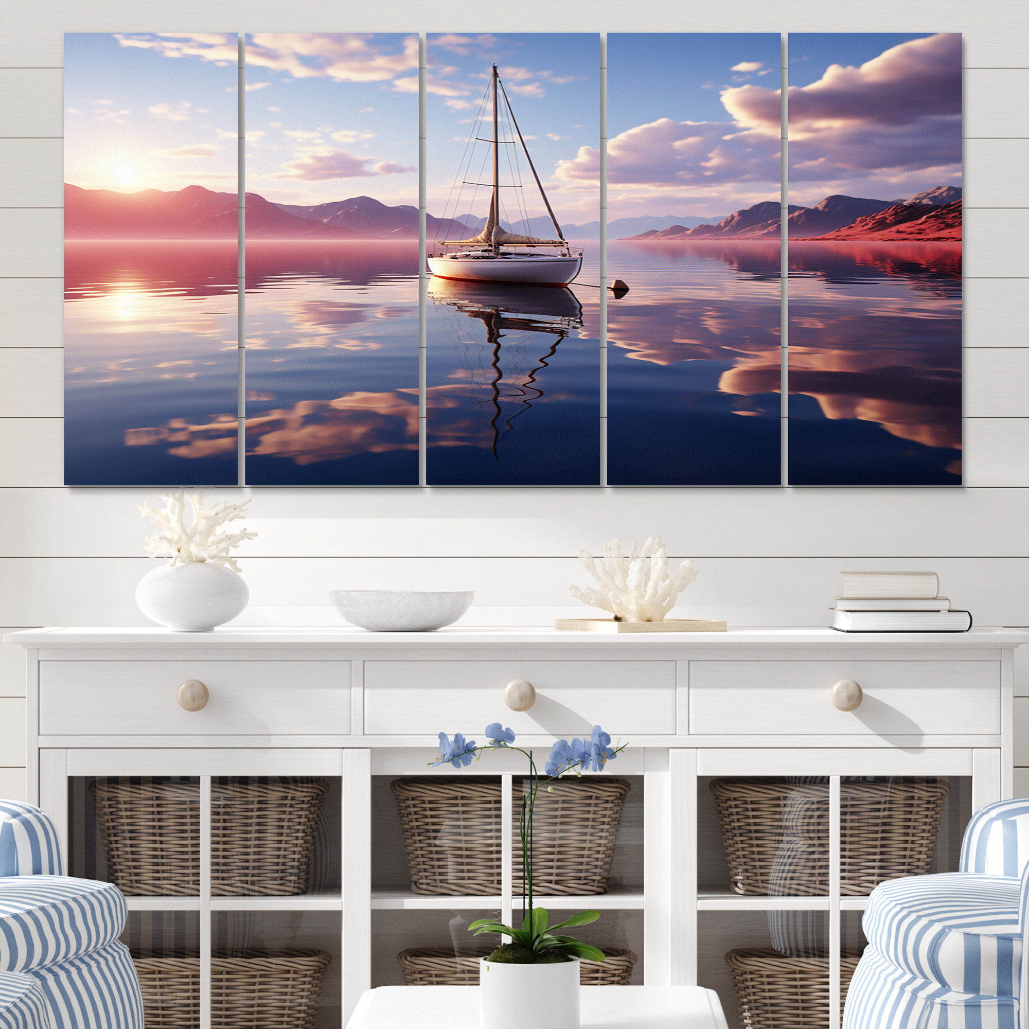 Breakwater Bay Sailboat Pink Cloud Sunset Reflection - Boat Wall Decor ...