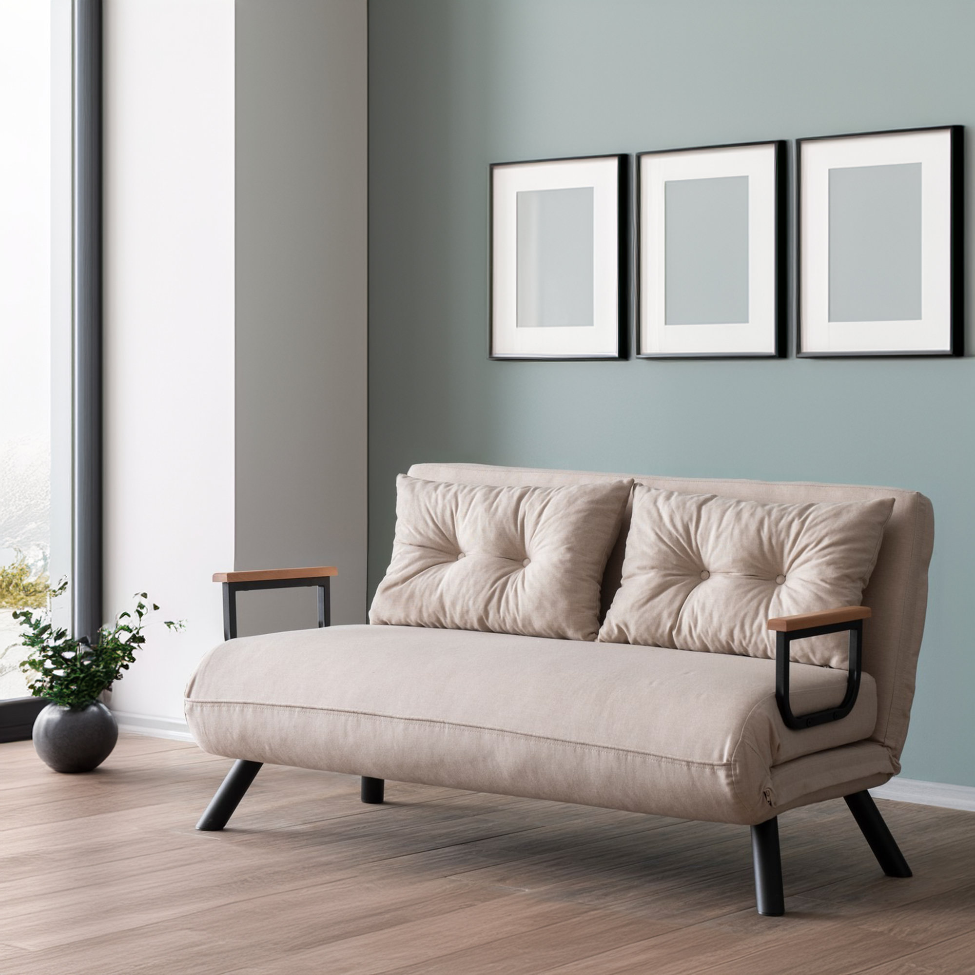 Hokku Designs Metal Frame Linen Fabric 2-Seat Sleeper Sofa With 14 ...