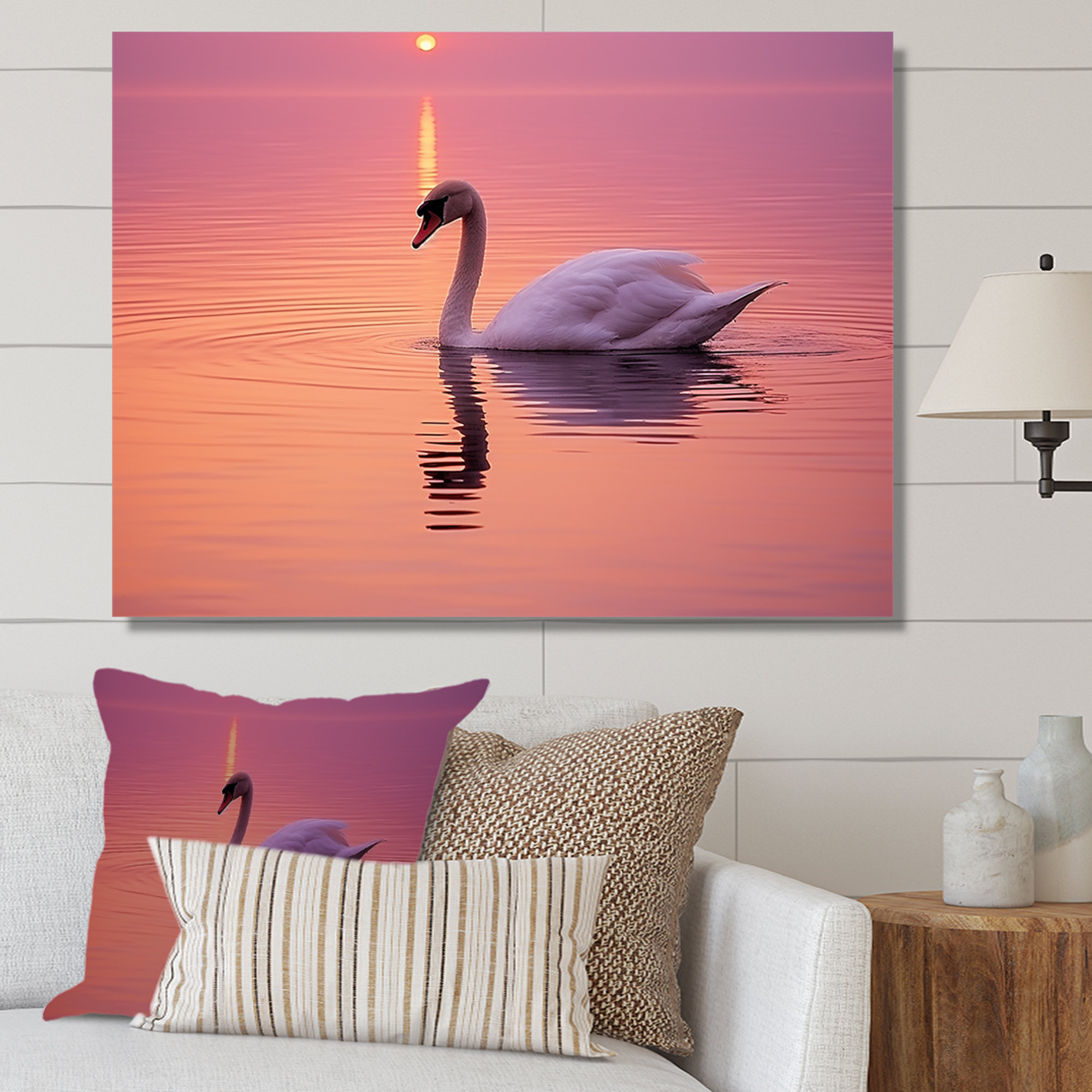 Design Art Coral Swan At Dusk I - Swans Animal Wall Art Living Room ...