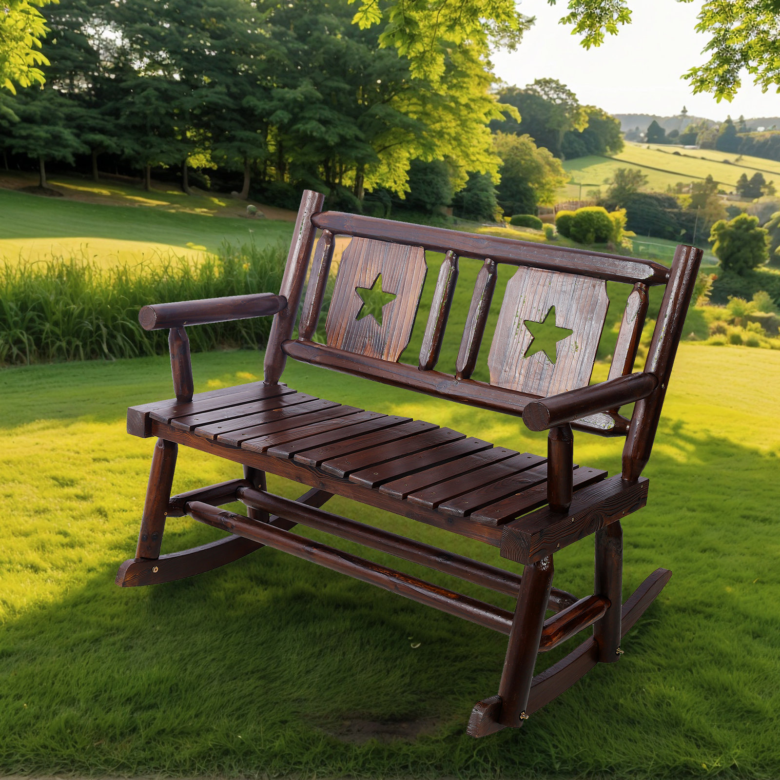 Millwood Pines Carbonized Wooden Porch Rocker – Durable Double Outdoor ...