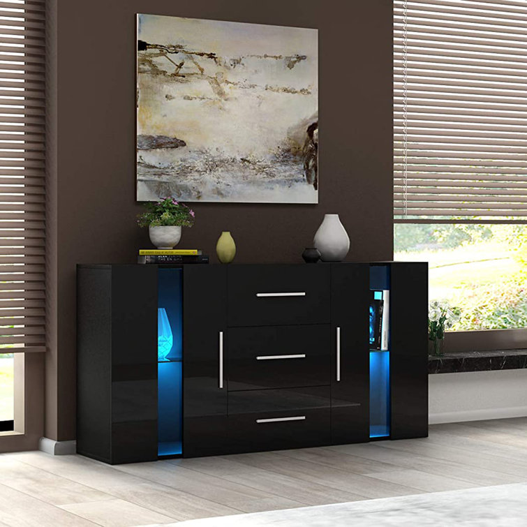 Ivy Bronx 2 Doors 3 Drawers Sideboard Cupboard Unit Cabinet RGB LED ...