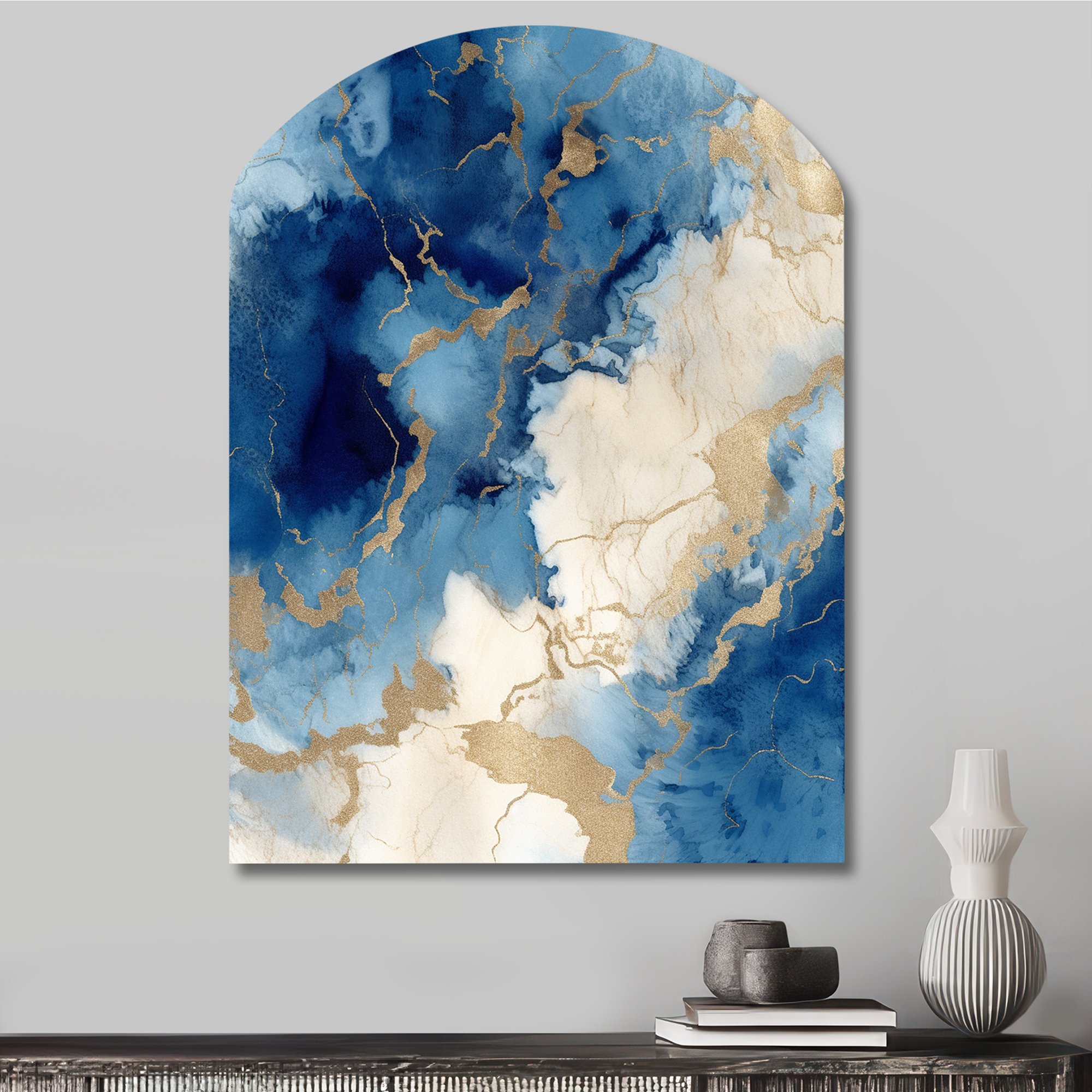 Design Art Blue And Gold Marble Clouds X - Fractals Arch Shape Asymmetric Metal Wall Sculpture ...