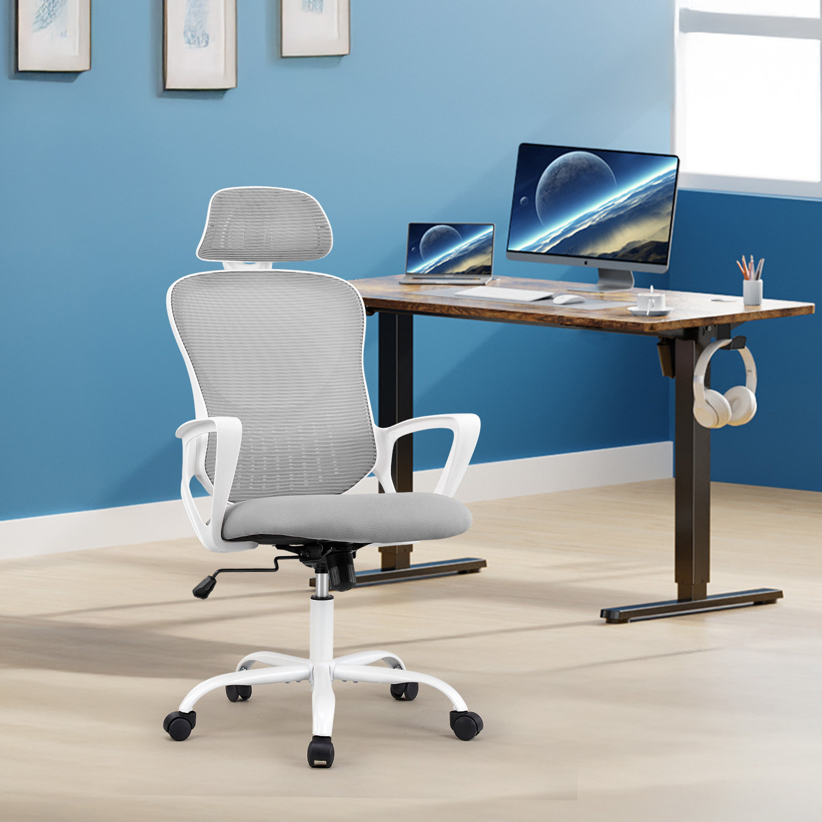 Inbox Zero Home office desk and chair set, electric desk and ergonomic ...