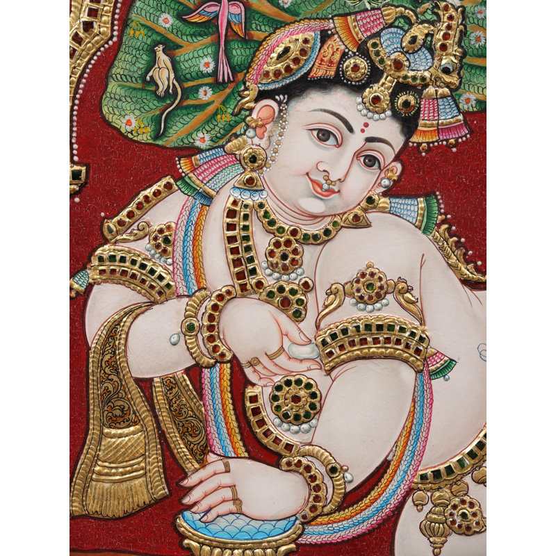 Bungalow Rose Bal Krishna Tanjore Painting | With Vintage Teakwood ...