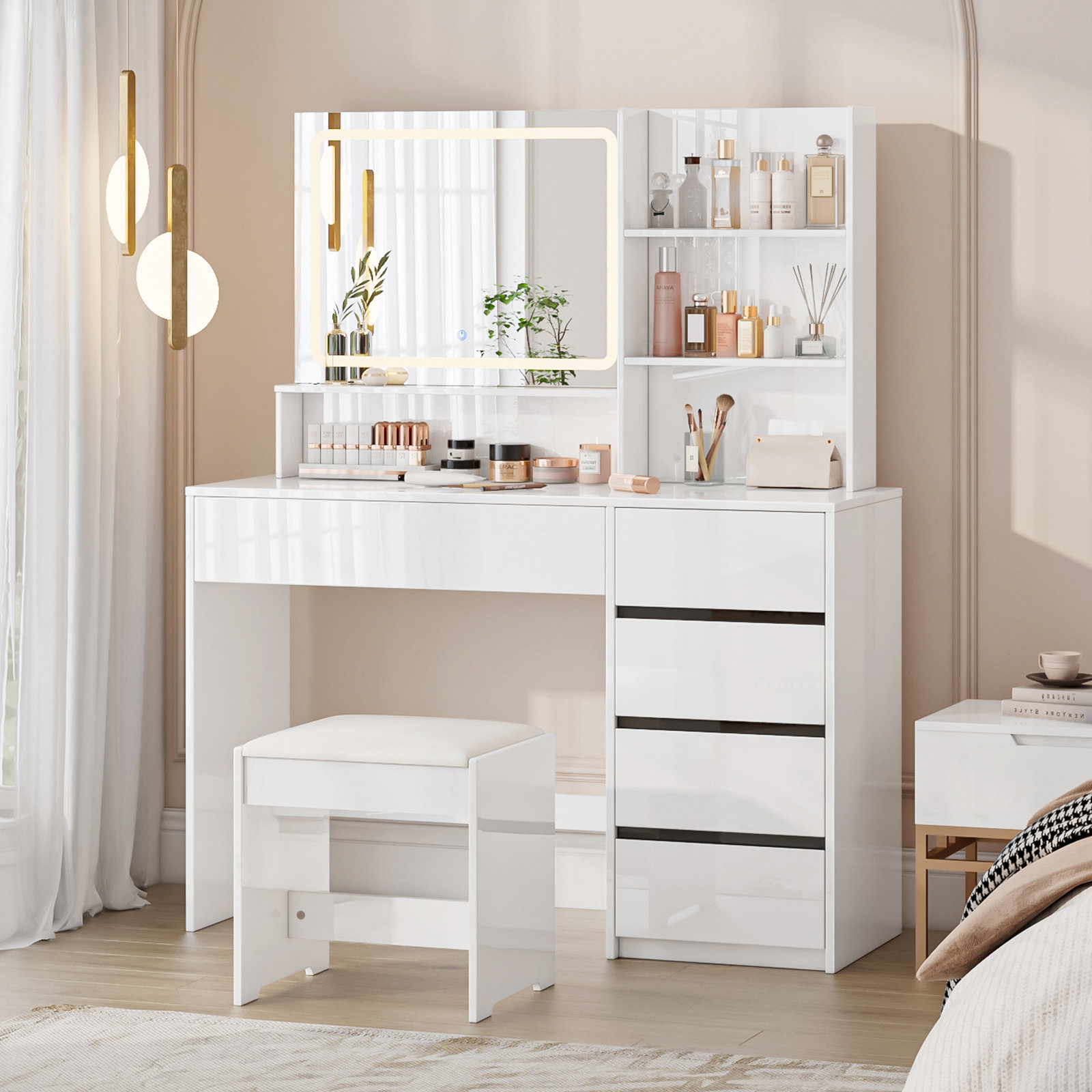 Wade Logan® Burnestine 45" High Gloss Makeup Vanity Desk with Large ...