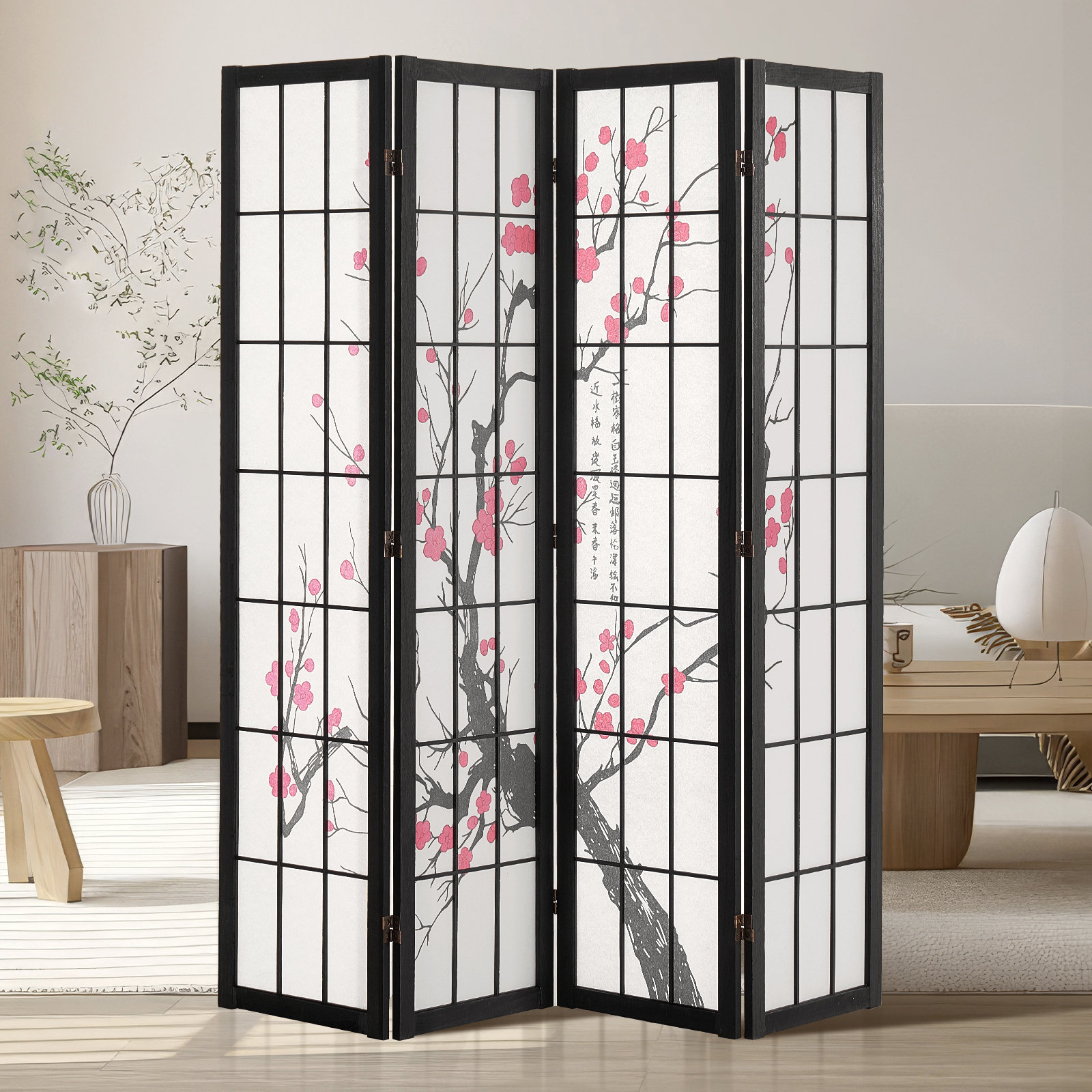 Bungalow Rose Room Divider, 4 Panel Japanese Room Divider Screen, Wood ...