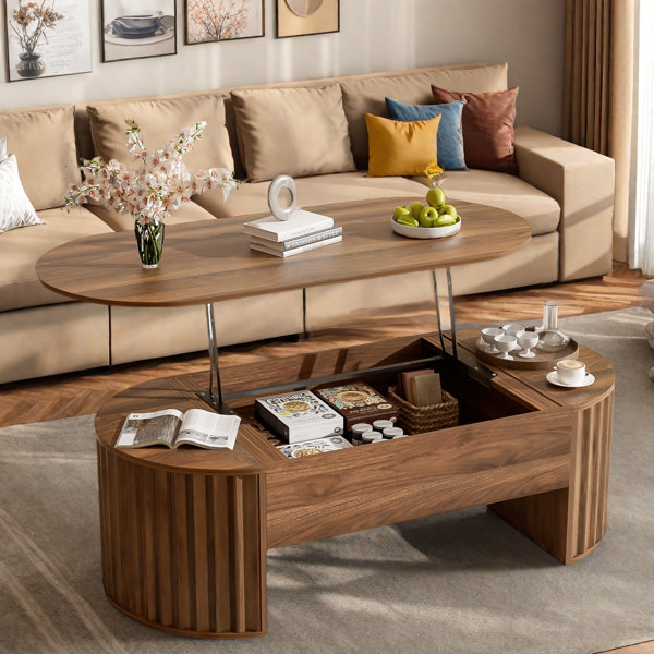 Ebern Designs Lift-top Oval Coffee Table With Hydraulic Lift Mechanism ...