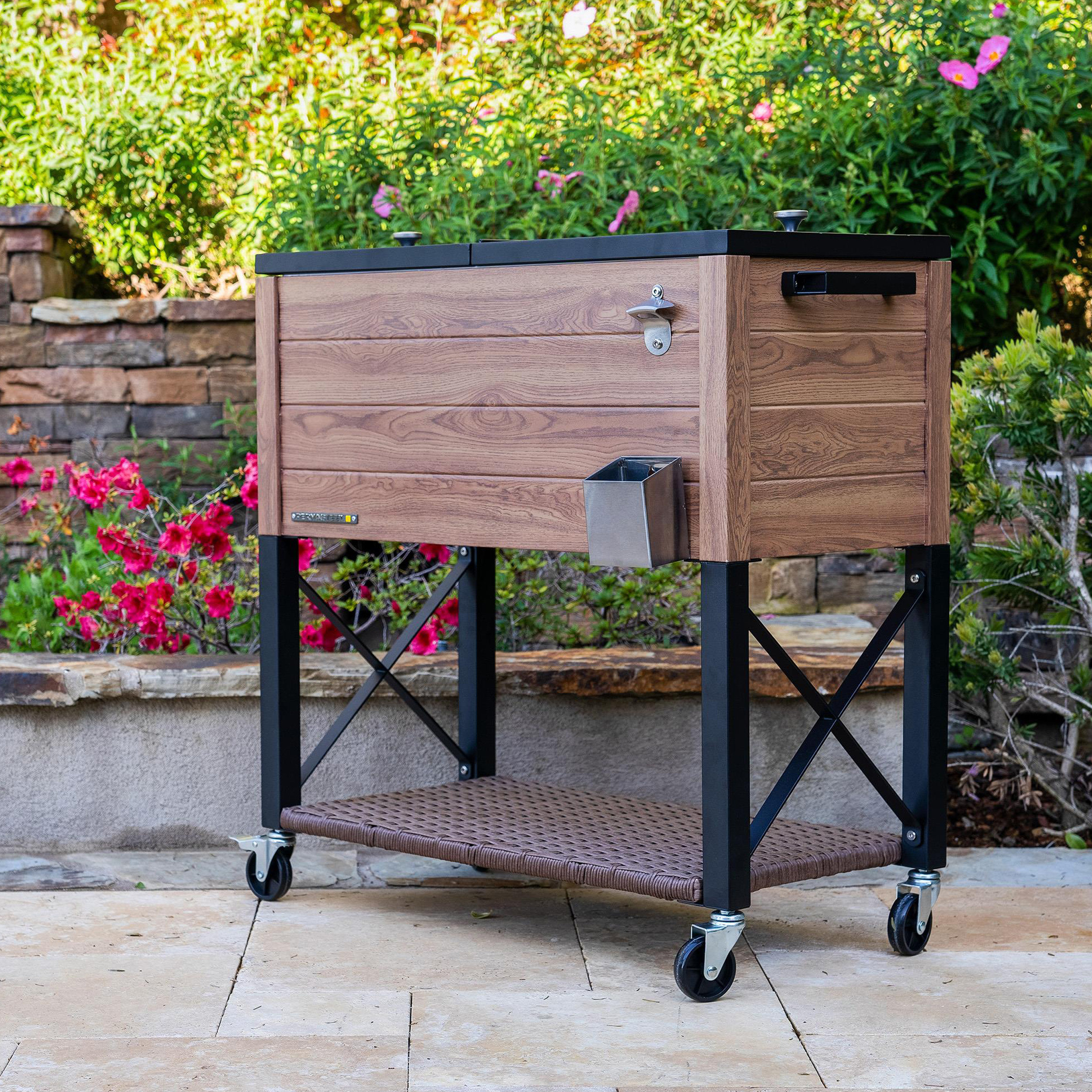 Permasteel 80-Qt Oak Wood Outdoor Patio Cooler with Wicker Bottom Shelf ...