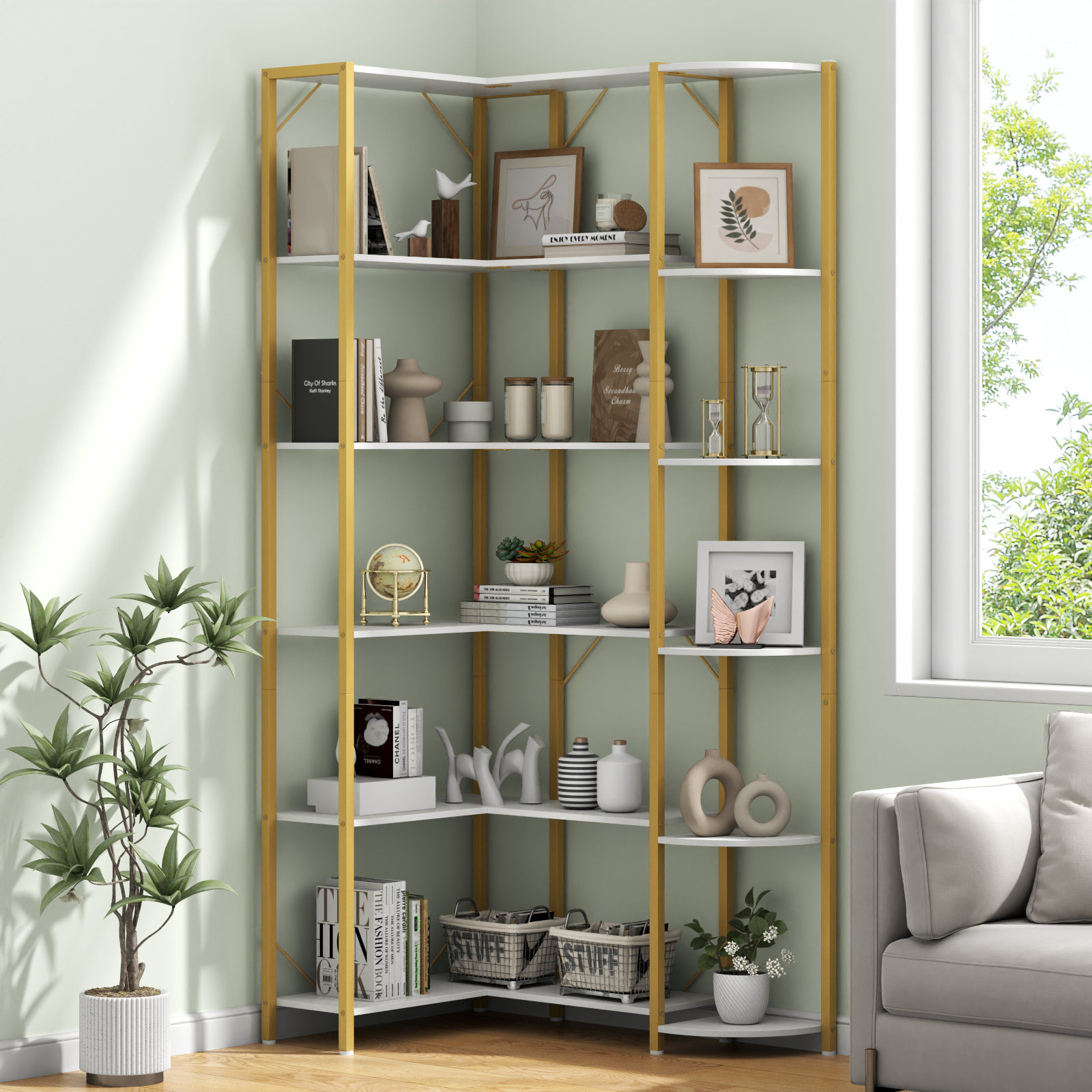 Mercer41 Corner Shelf, 6-Tier Corner Bookcase, Tall Modern Corner ...