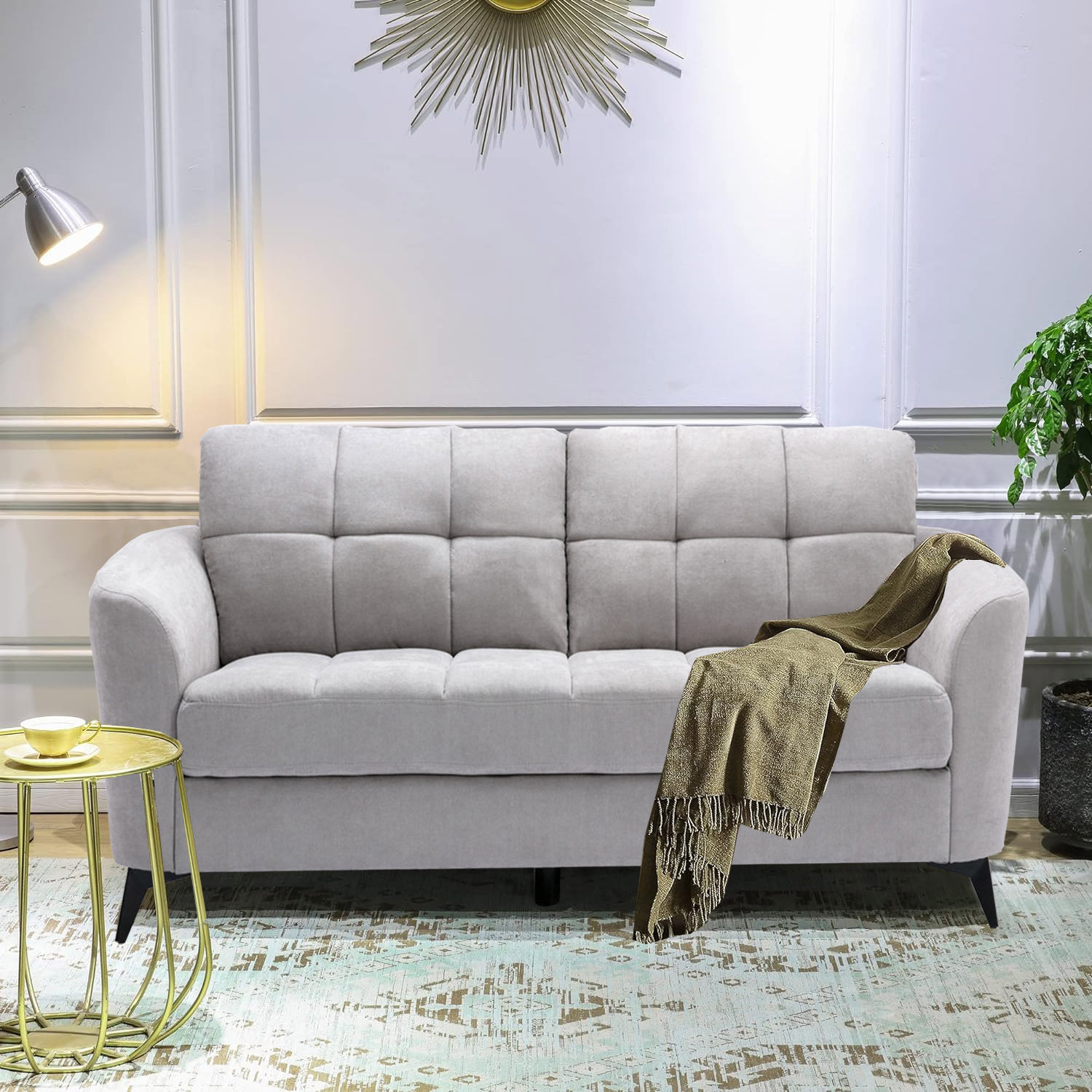 Wrought Studio 79In W Velvet 3-Seater Sofa, Grid Tufted Cushions For ...