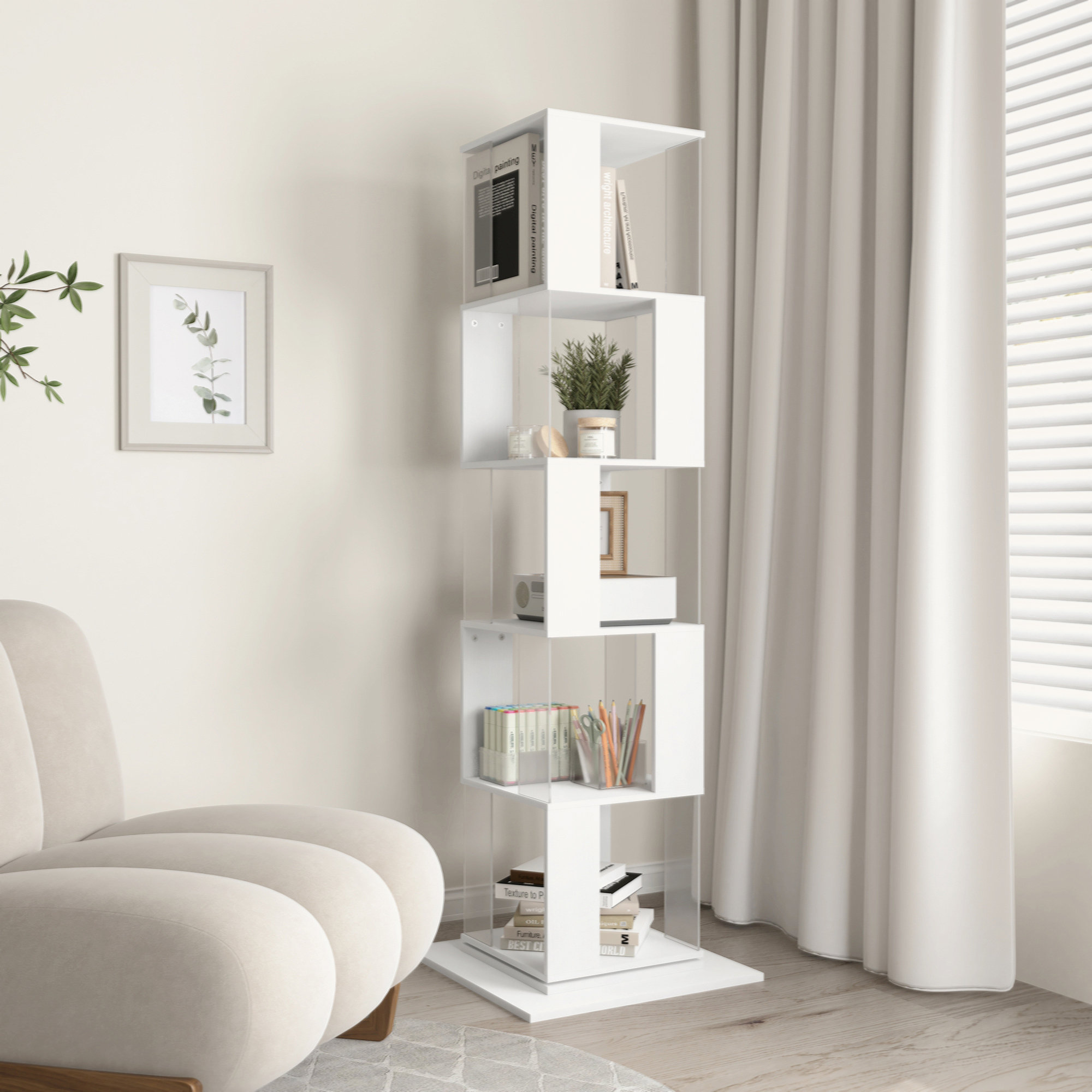 Ivy Bronx Rotating Bookshelf, Floor Rack Simple Bookcase With Acrylic Plate Student Multi ...