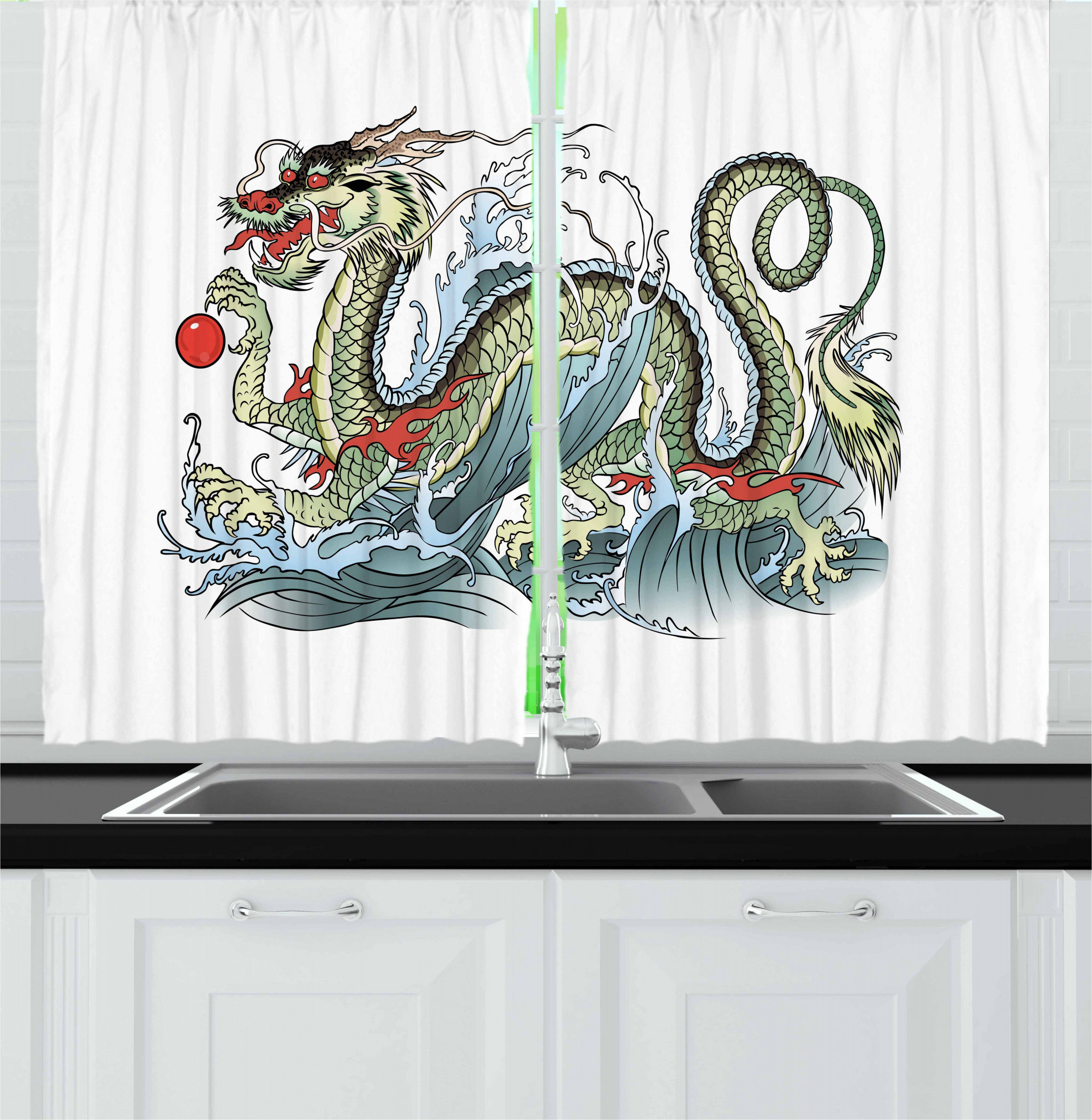 East Urban Home Japanese Dragon 2 Piece Kitchen Curtain Set | Wayfair