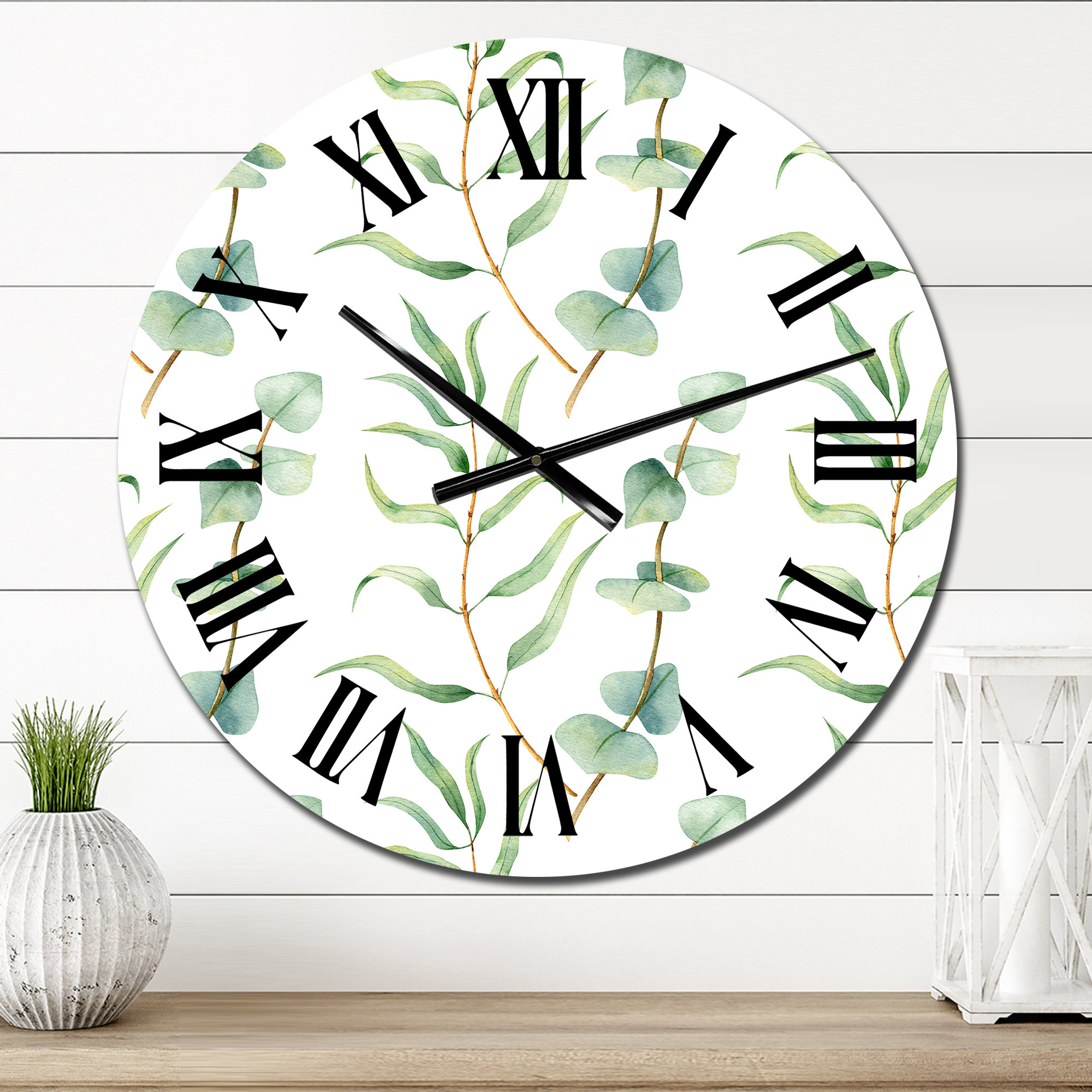 East Urban Home Eucalyptus Leaves On White I - Traditional Wall Clock ...