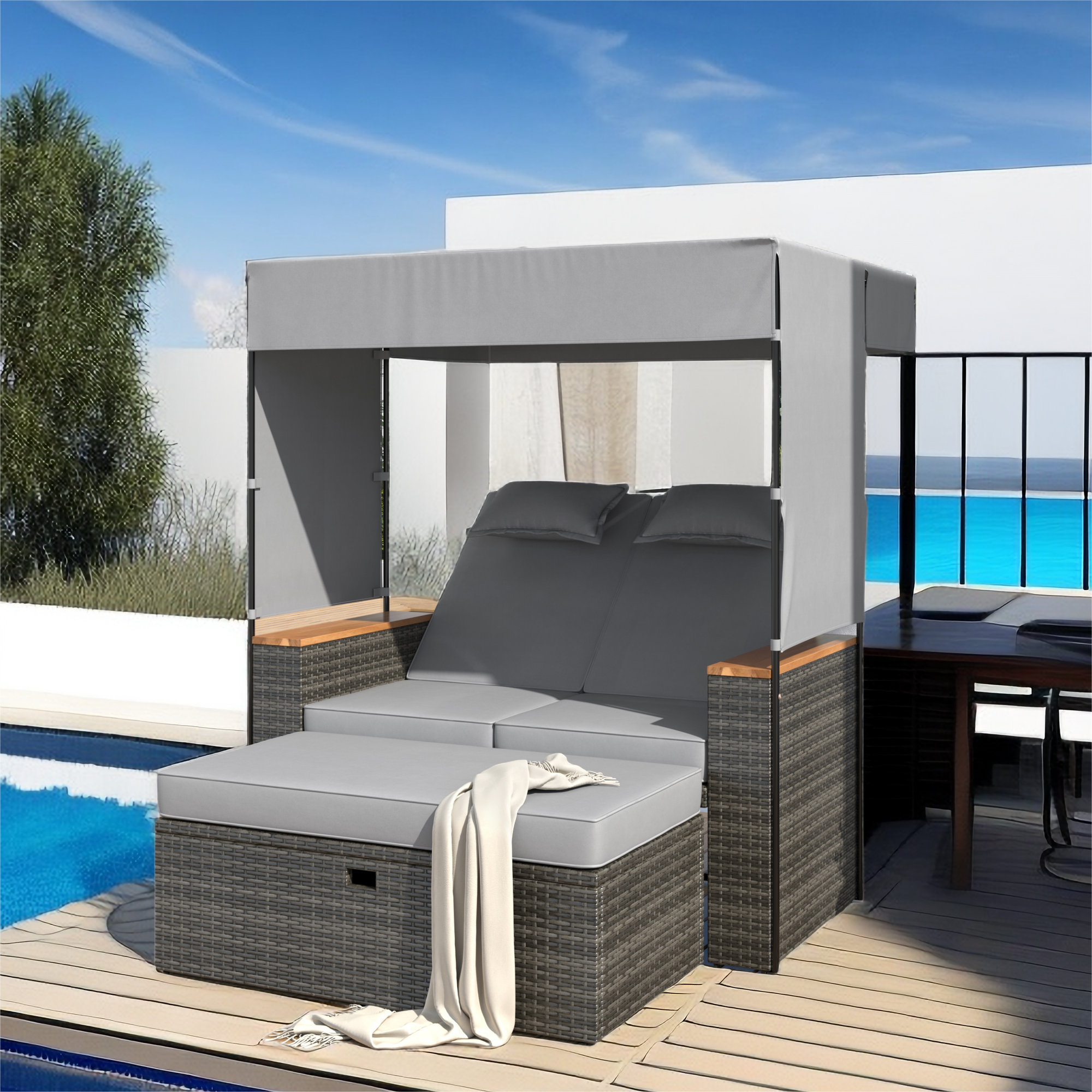 Latitude Run® Iftikar Outdoor Patio Sofa With Storage Bench, Canopy And ...