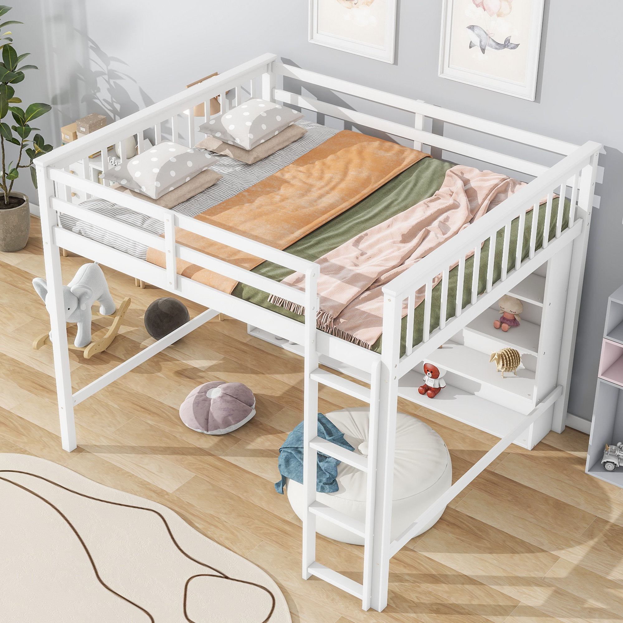 Harriet Bee Full Size Loft Bed with 8 Open Storage Shelves and Built-in ...
