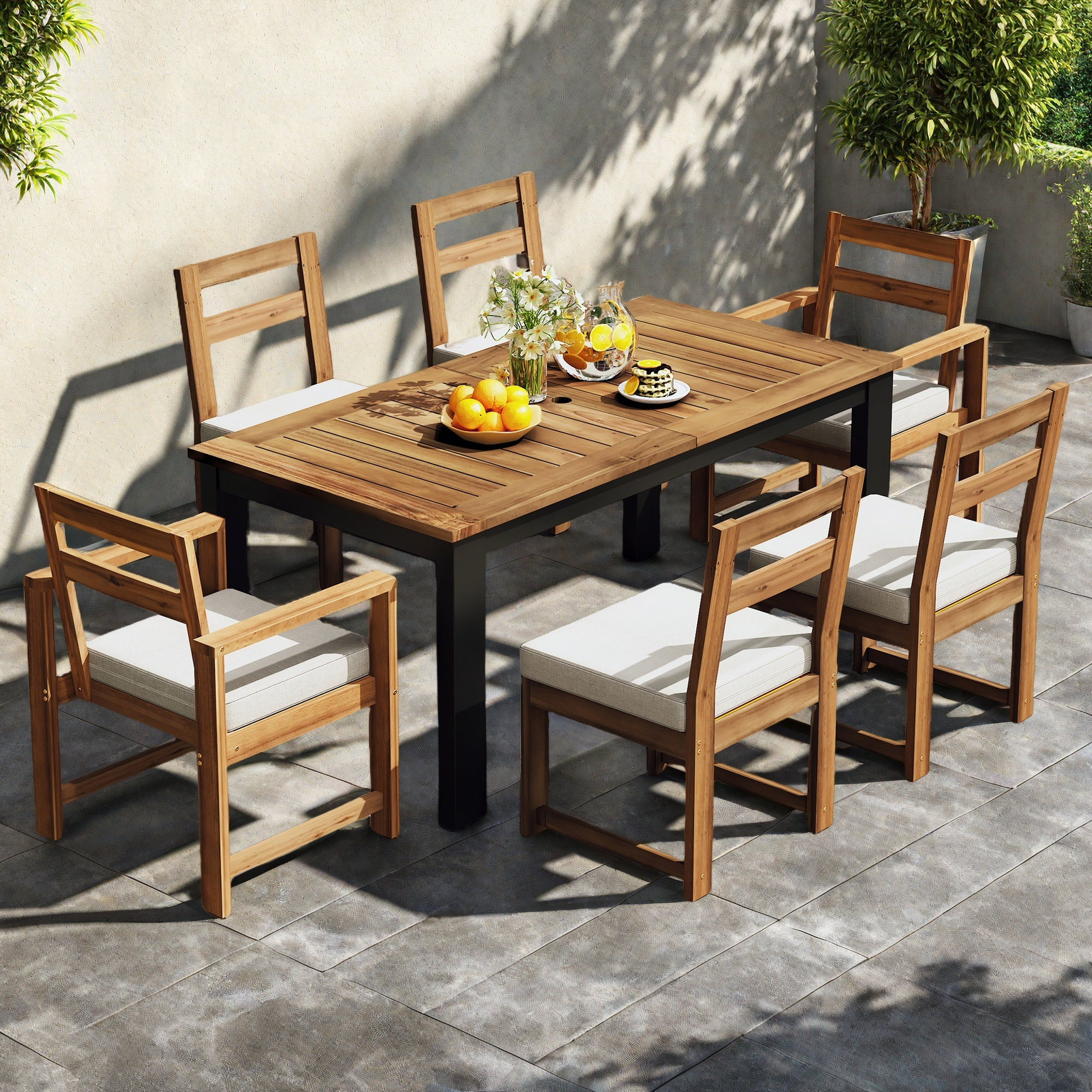 Hokku Designs 7 Piece Patio Table And Chairs Set, Wood Dining Table Set ...