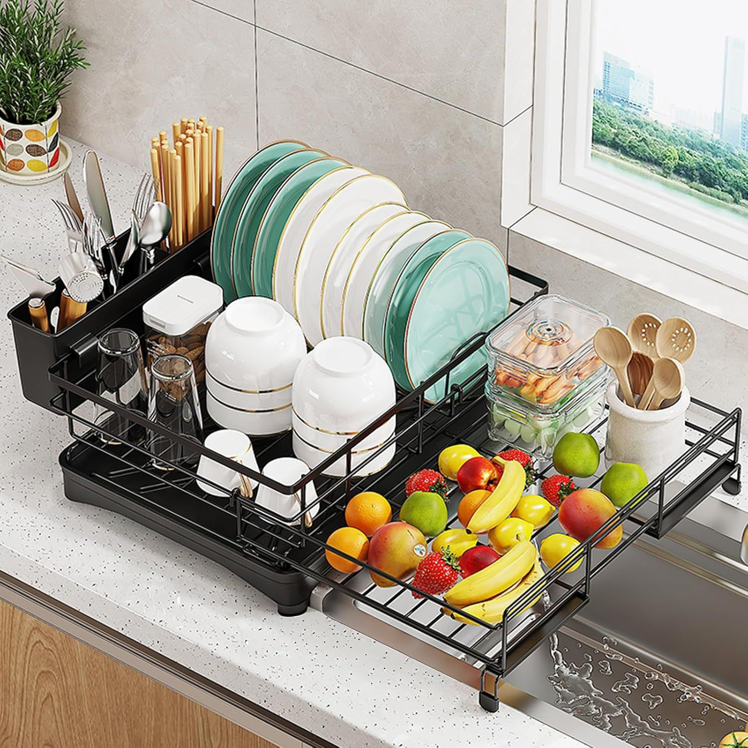 Silodo Large Dish Drying Rack, Extendable Dish Drying Rack with Cutlery ...