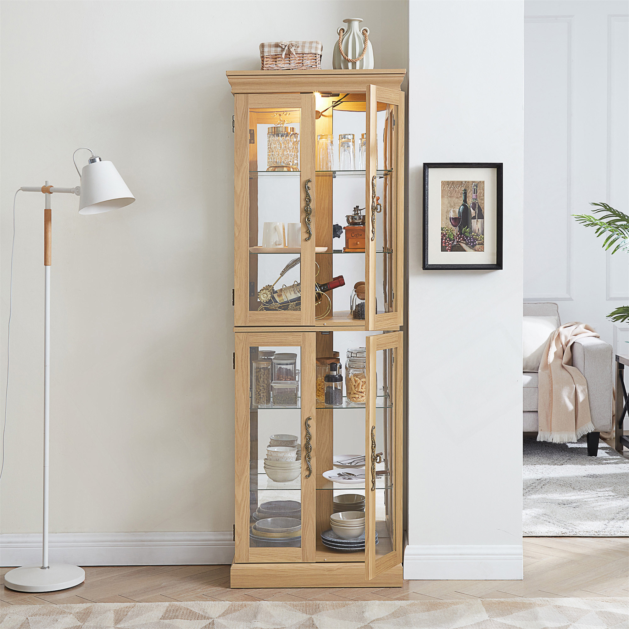 Astoria Grand Lighted Glass Curio Display Cabinet With Wood Frame ...