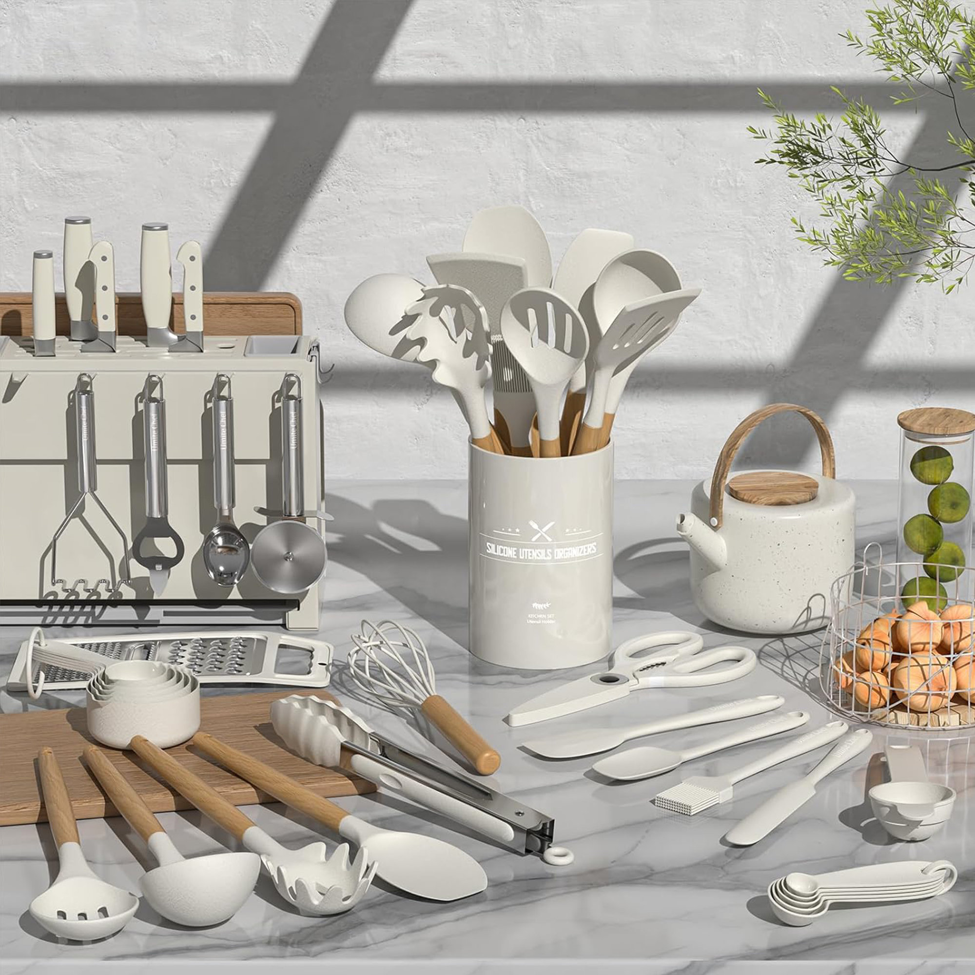 COAHAHA 34-Piece Silicone Kitchen Utensil Set With Vintage Wooden ...