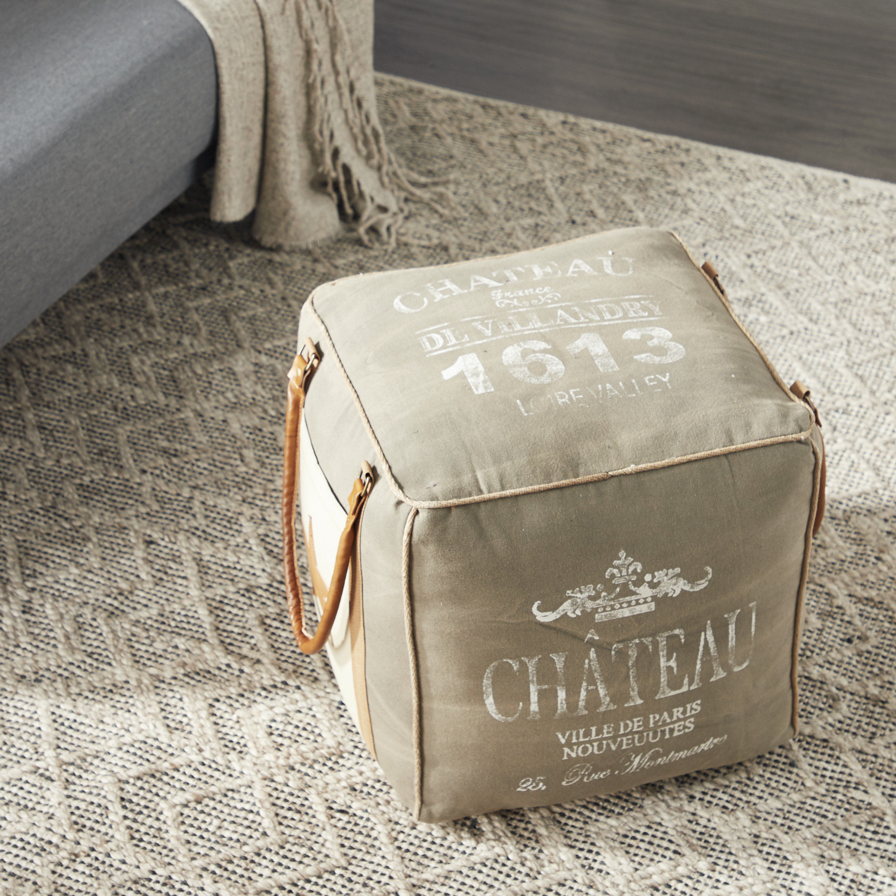 Union Rustic Gray Canvas Pouf with Leather Handles & Reviews | Wayfair