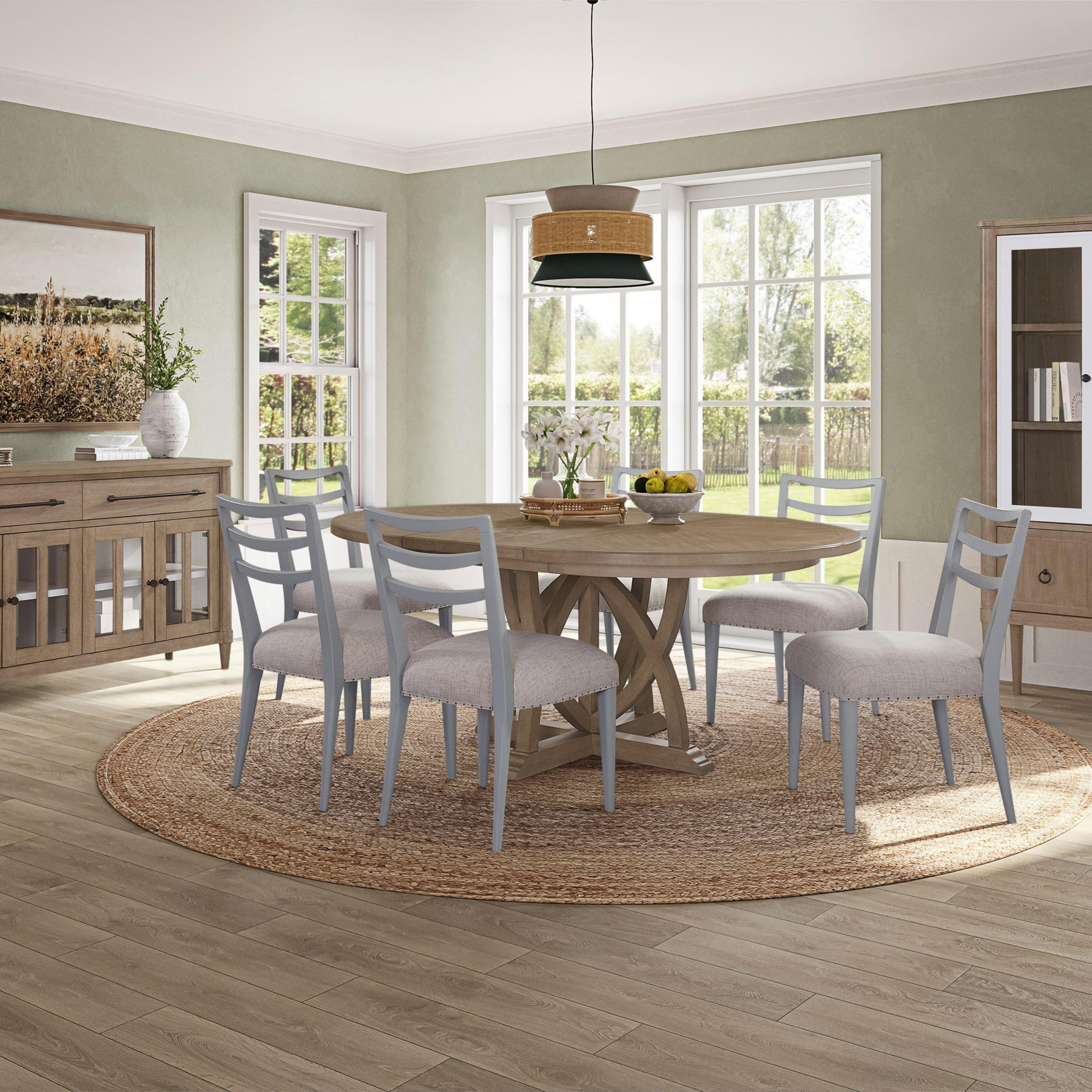 Fu Owner Round Expandable Dining Table with 4 Ladderback Chairs a Glass ...