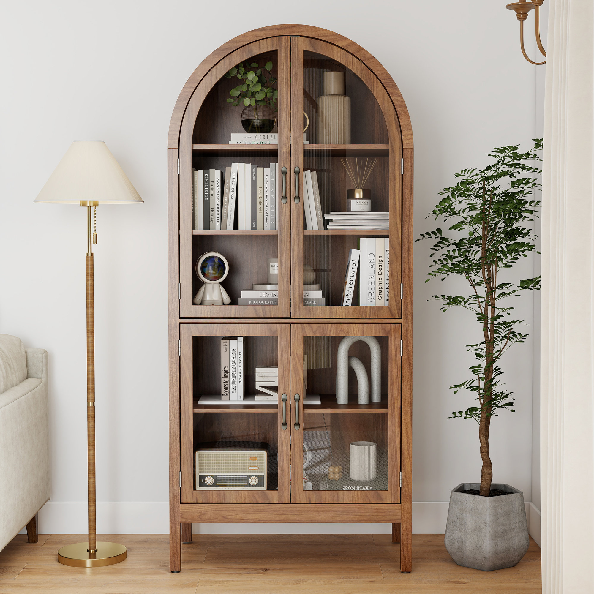 Ebern Designs Arched Display Cabinet With Acrylic Glass Doors, Modern 5-tier Storage Bookcase ...