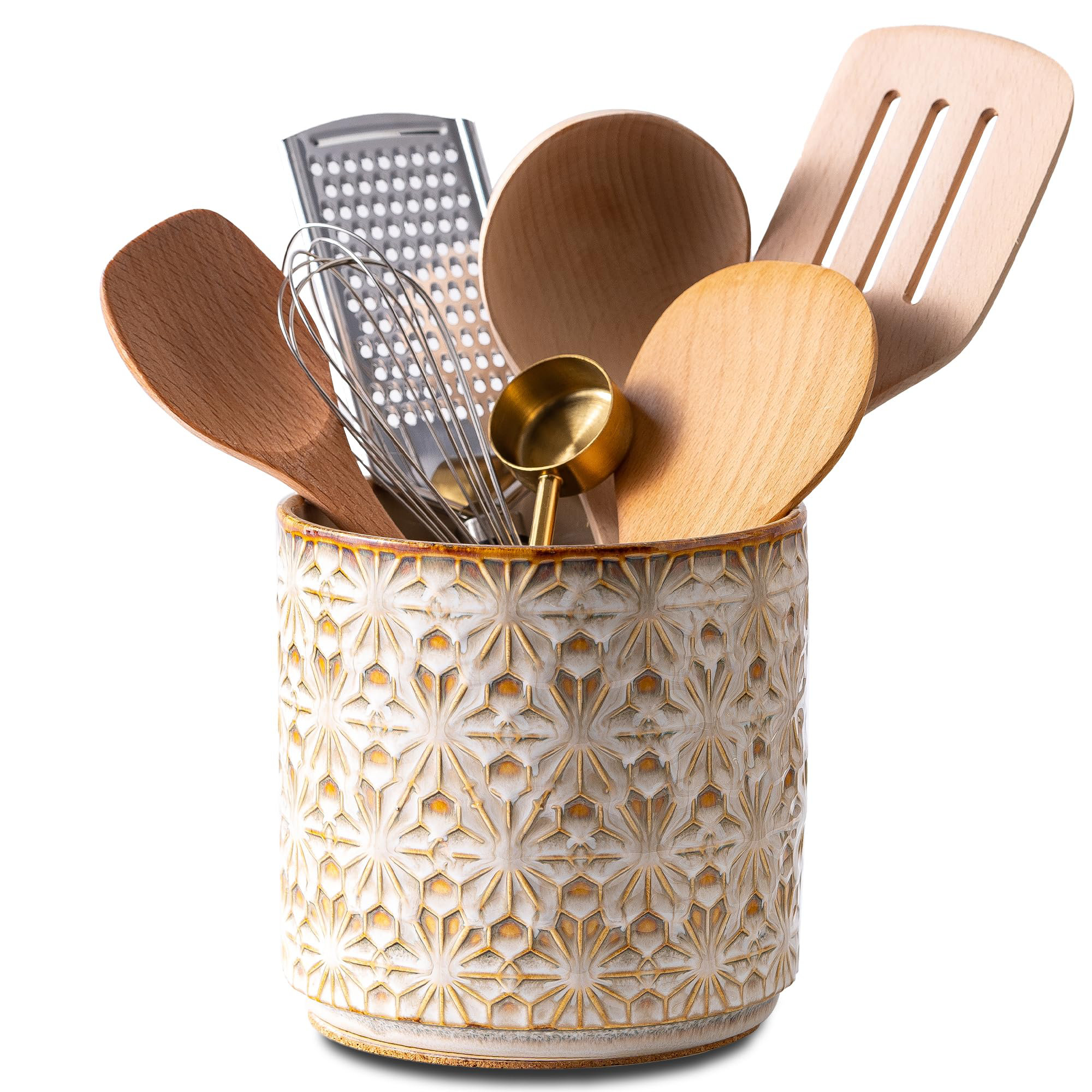 Rosalind Wheeler Utensil Holder Rustic Farmhouse Ceramic Utensil Crock ...
