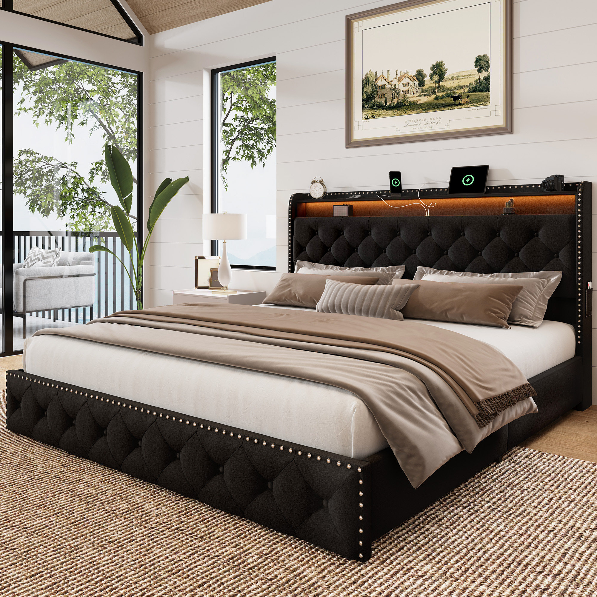 Latitude Run® Bed Frame With 4 Storage Drawers And Charging Station ...