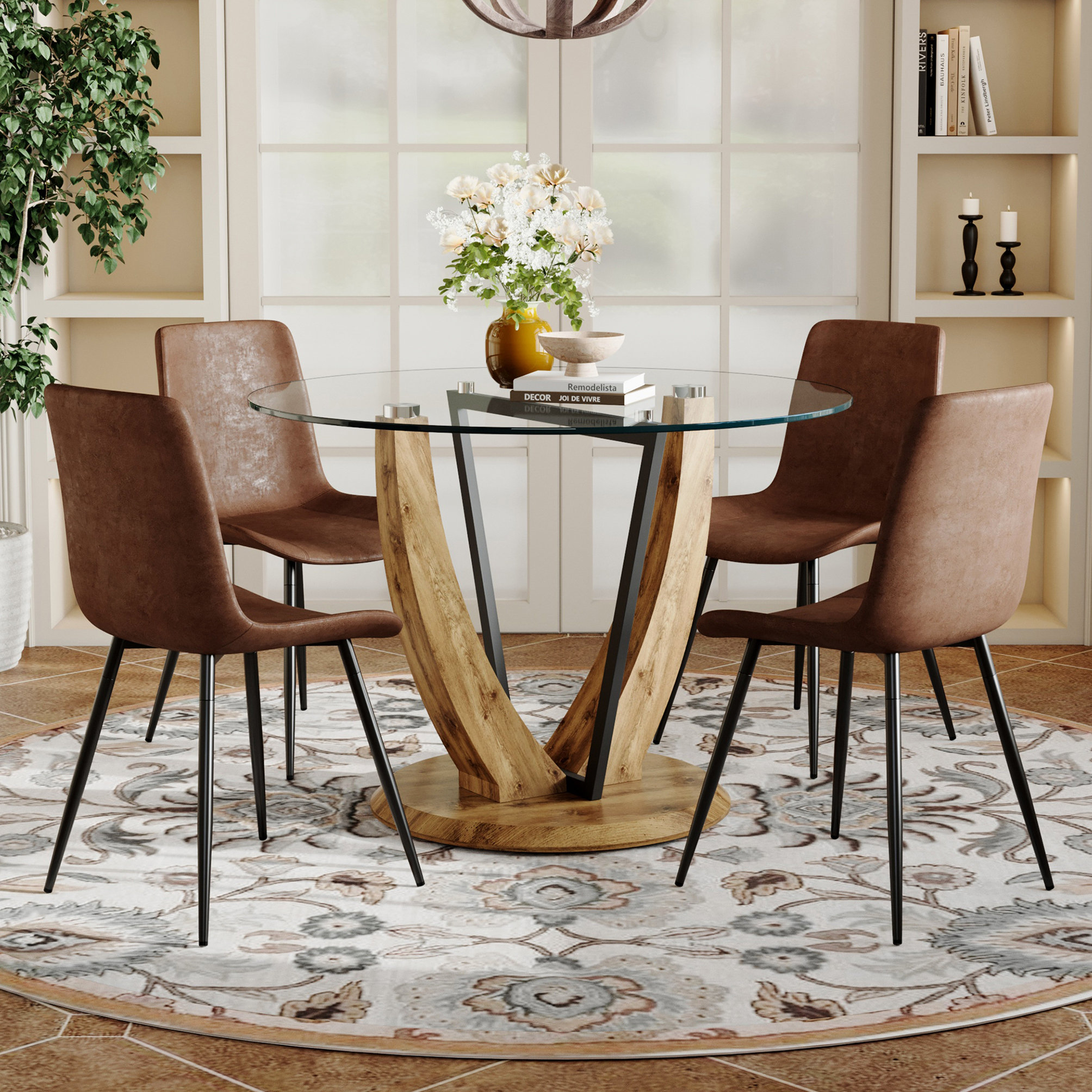 17 Stories Table And Chair Set. A Round Tempered Glass Dining Table - V ...