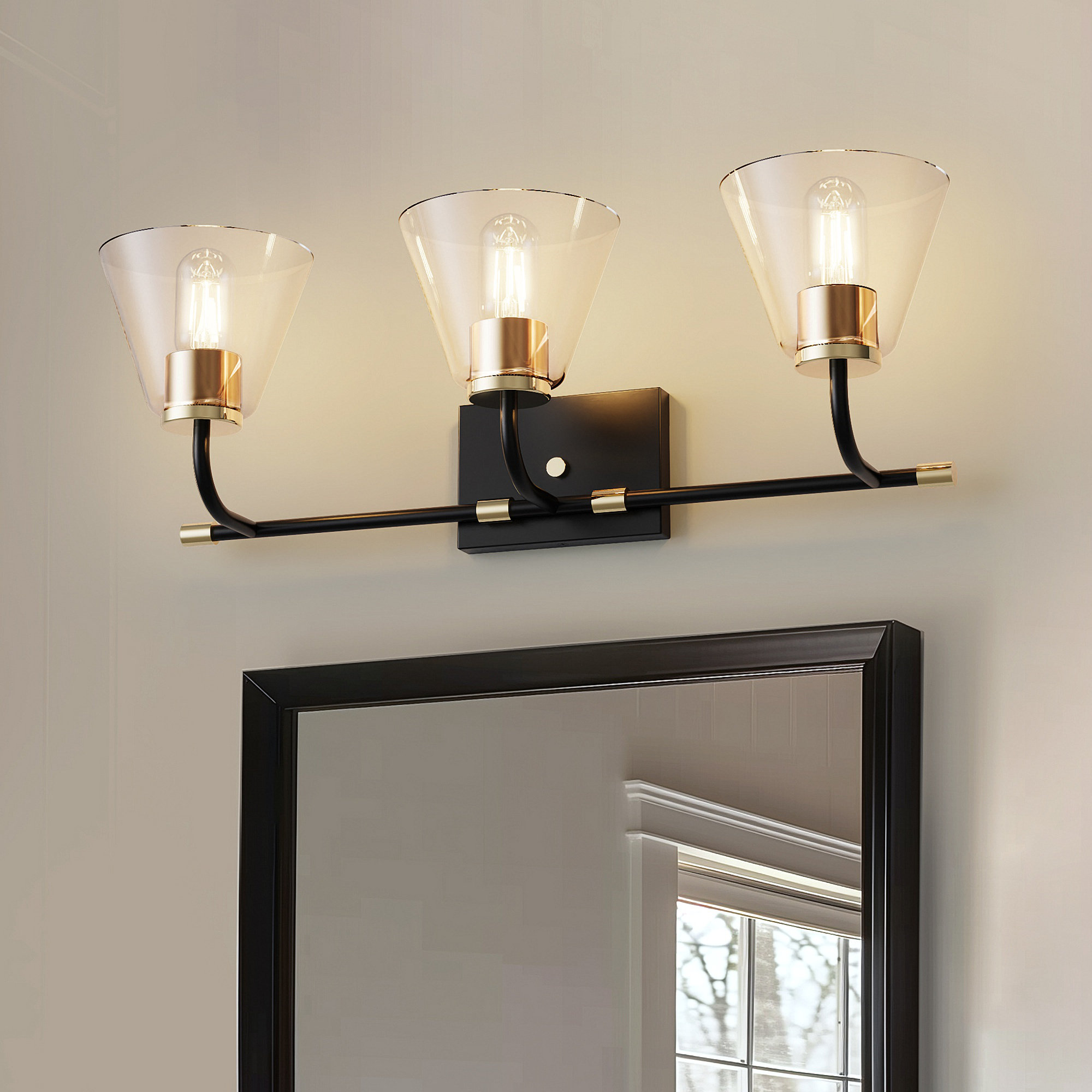 Ebern Designs Modern 3-Light Vanity Fixture With Gold Accents And White ...