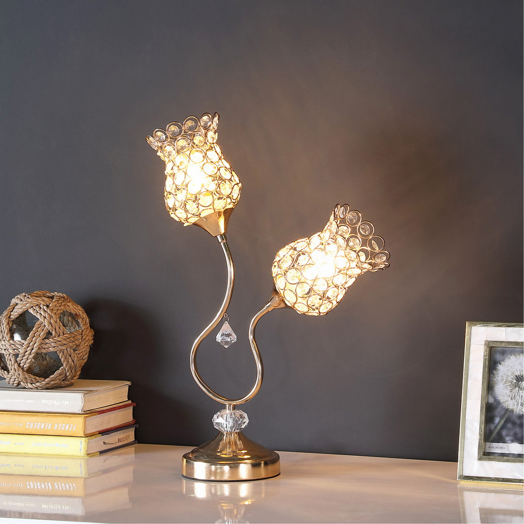 Mercer41 18.75" Rose Gold 2-Floral Trumpet Glam Metal Table Lamp ...
